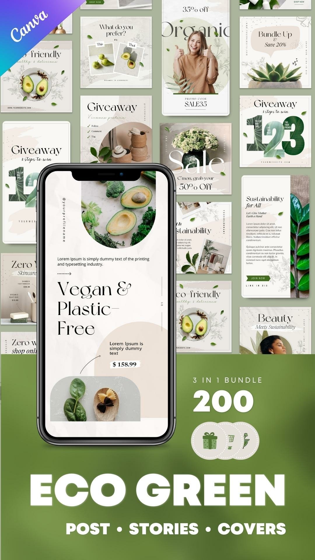 3in1 Eco Green Instagram Template Bundle. Sage Green Pack.
