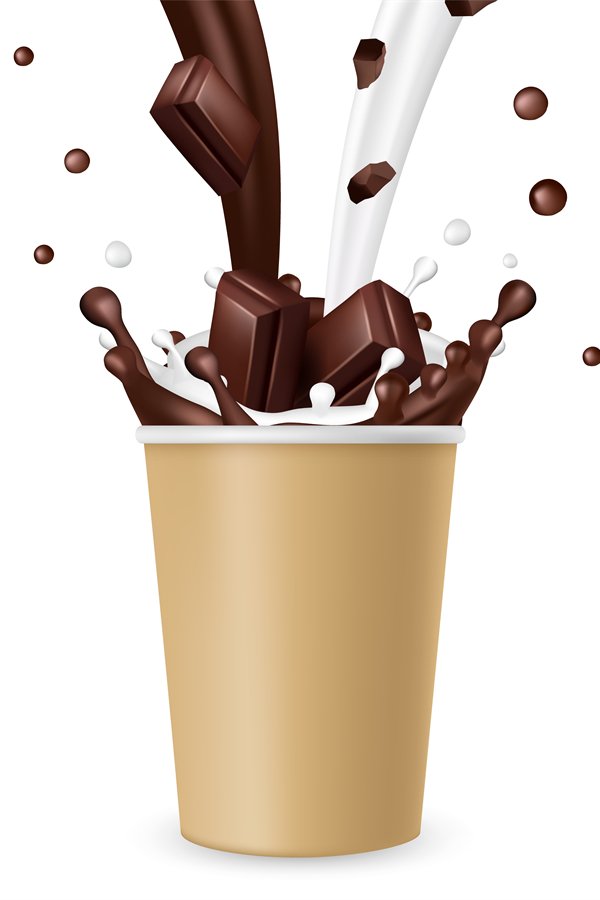 Hot chocolate. Realistic milk chocolate splashes and take aw