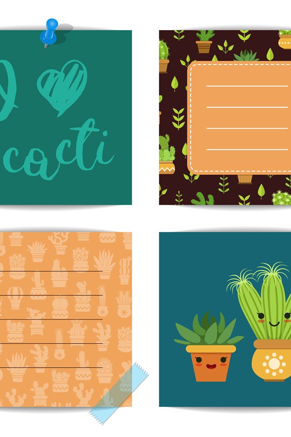 Vector notes set with lettering and cacti elements