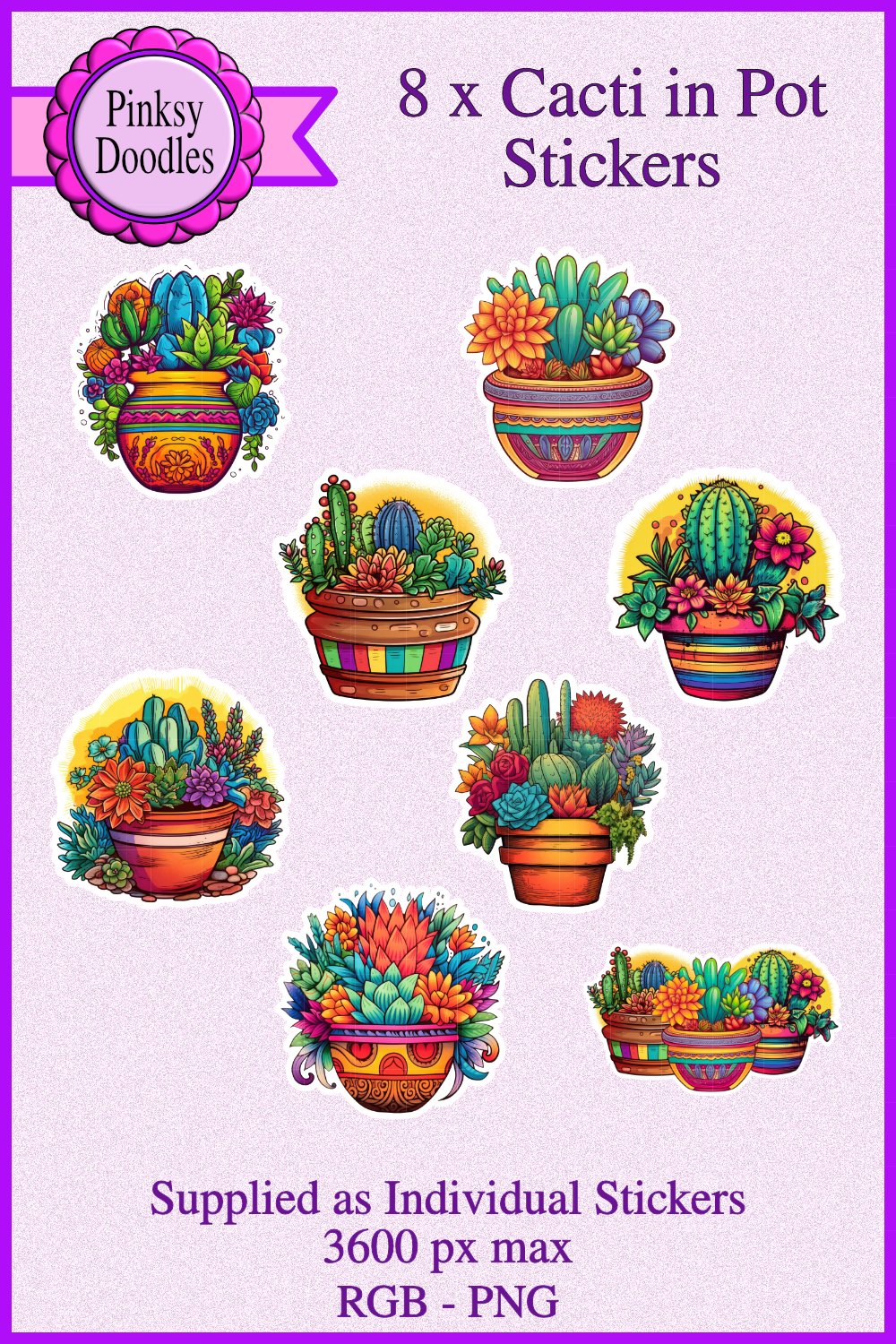 A set of 8 colourful cacti in pots printable Sticker png
