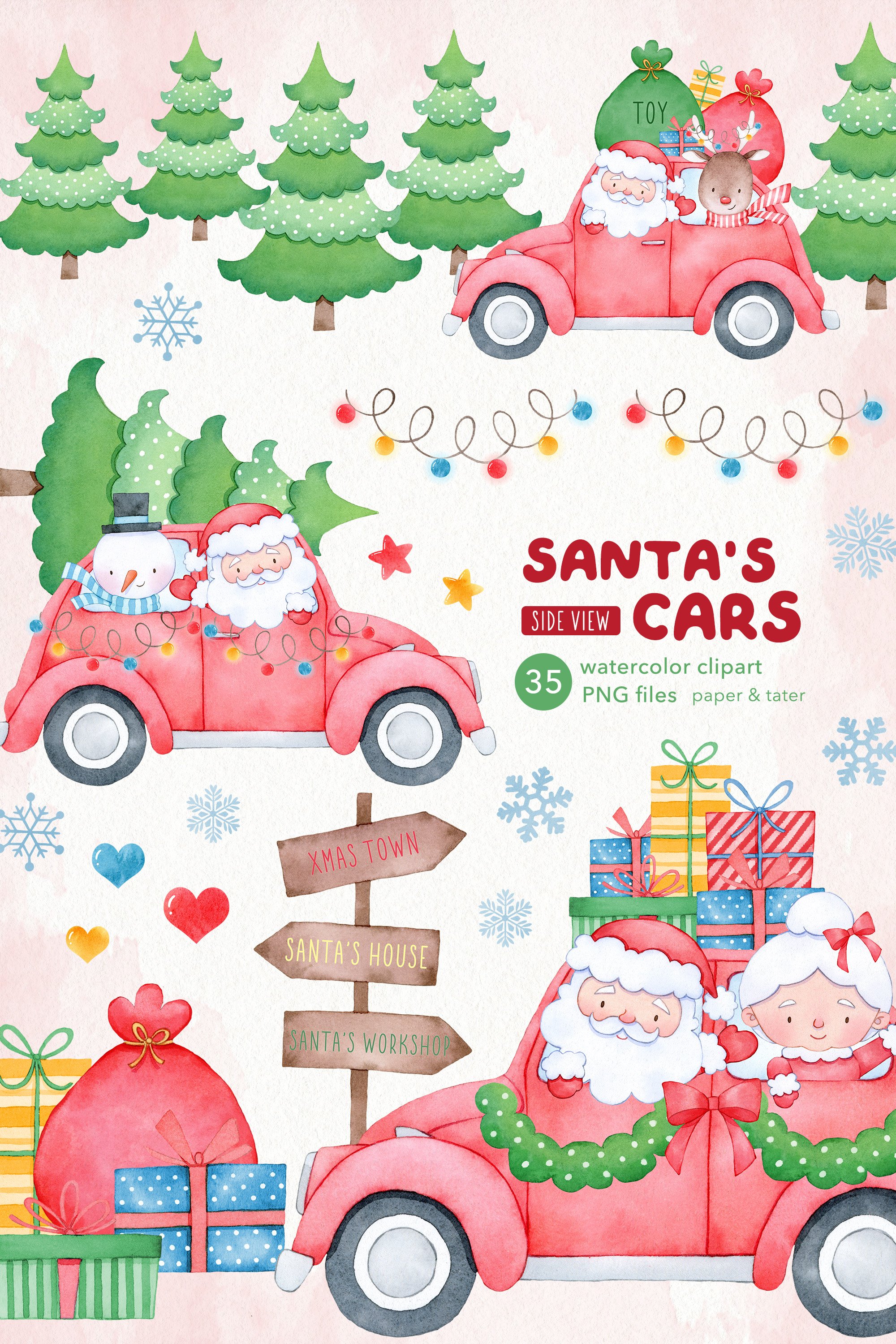 Watercolor Santa's Cars Clipart, Side View Xmas Vehicles PNG