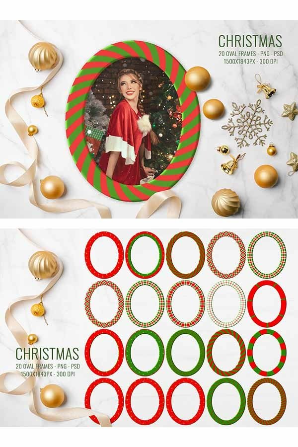 20 Oval Christmas Frames PNG - PSD