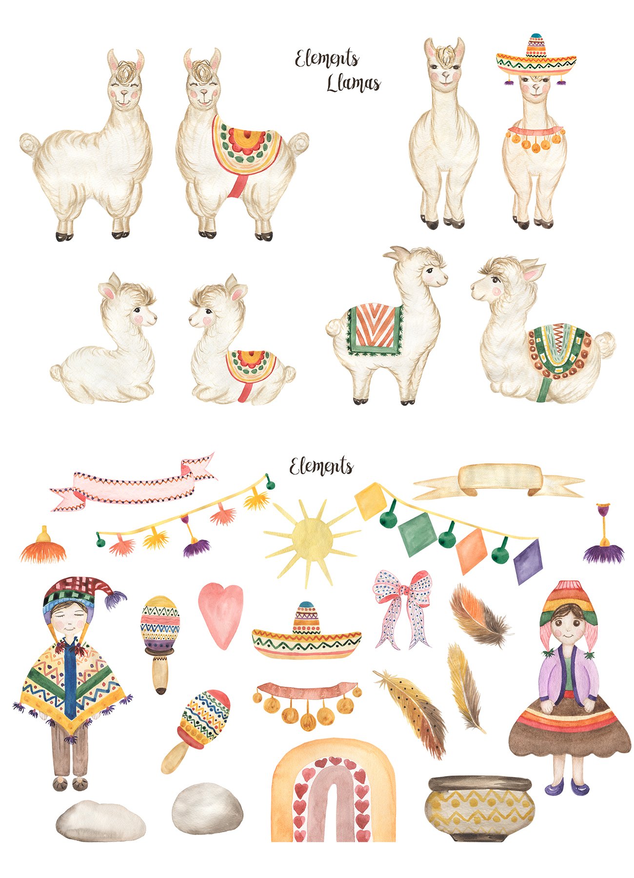 Watercolor Mexican Llamas & Cacti Bundle