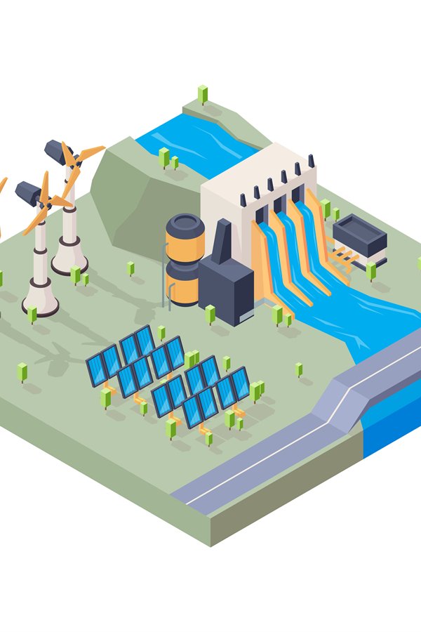 Hydropower factory. Solar plant water eco industry geotherma