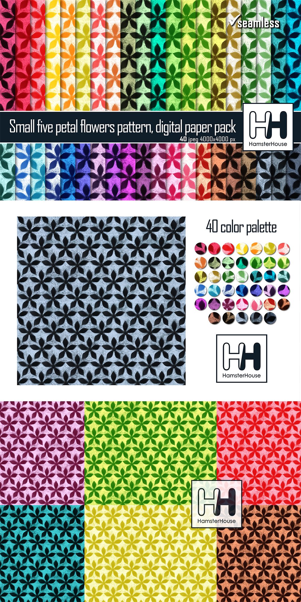 Small five petal flowers pattern, digital paper pack