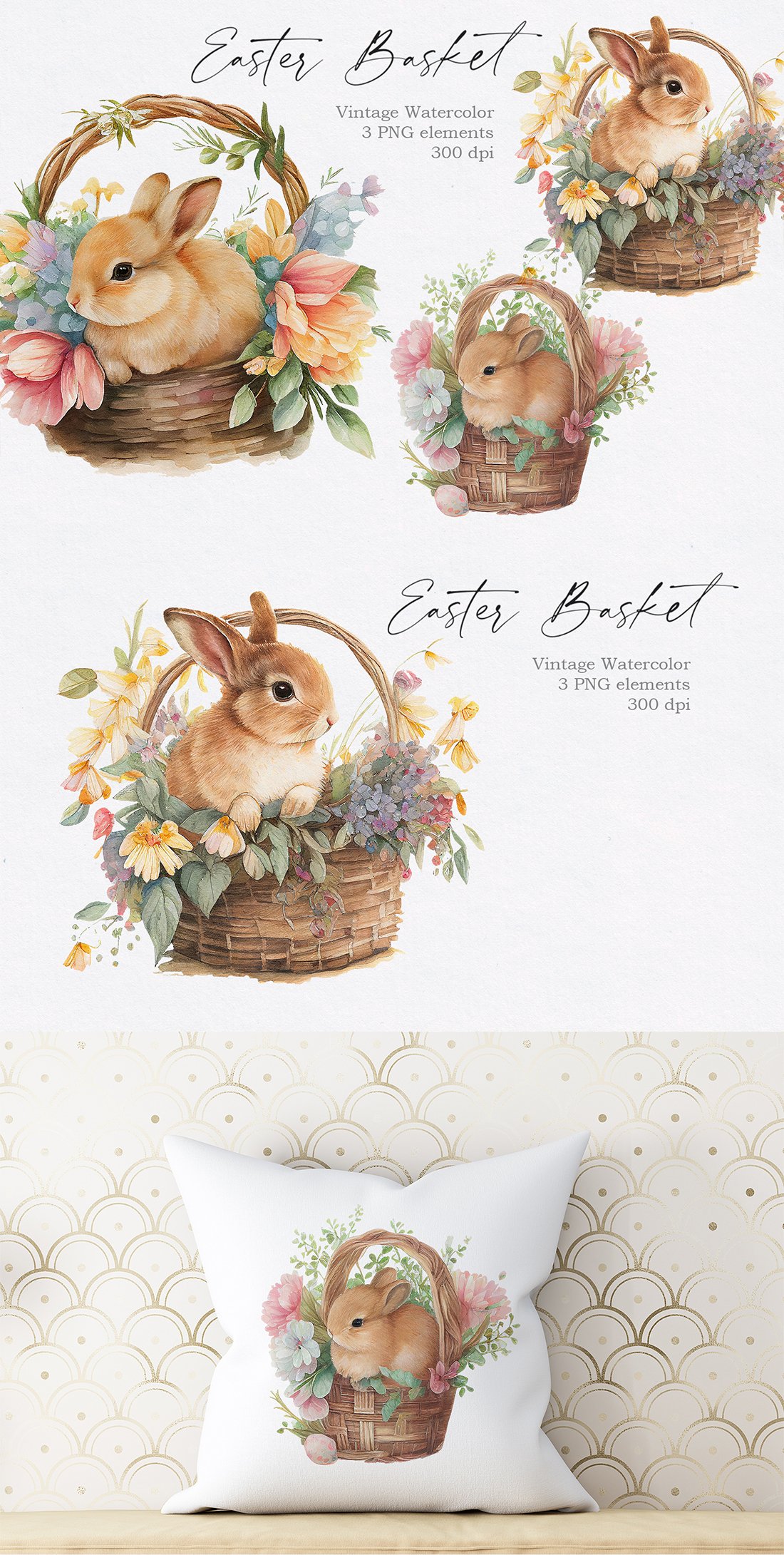 Vintage Easter Basket with Bunny PNG clipart