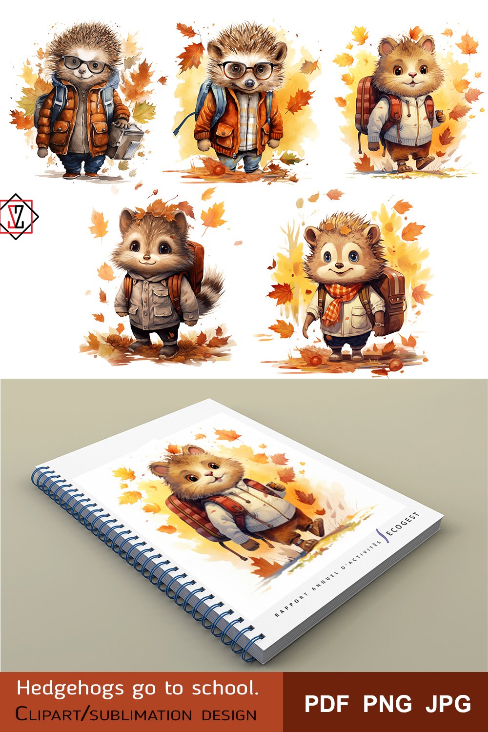 Hedgehogs go to school. Clipart