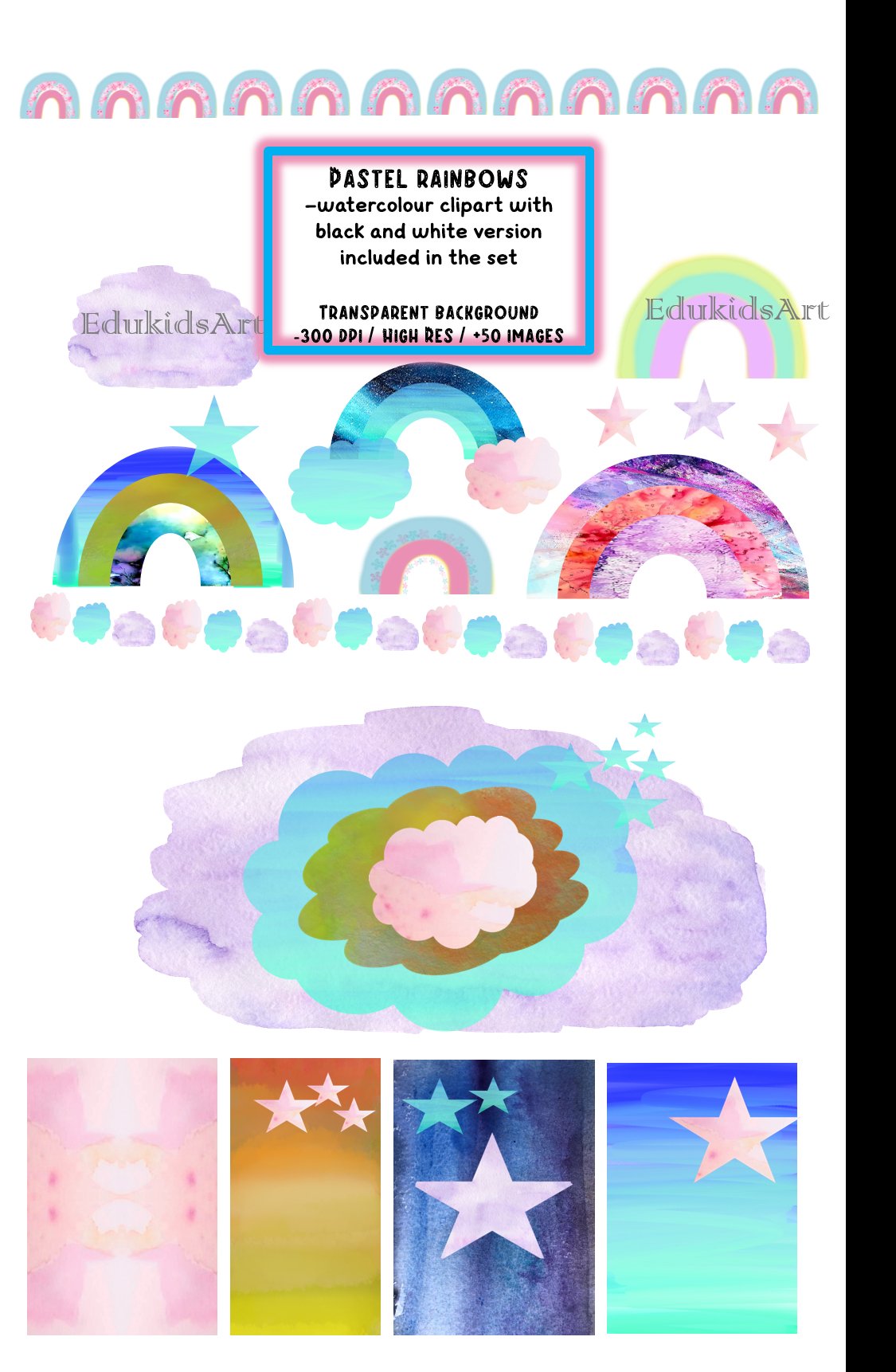 Pastel rainbows watercolour clipart with black and white