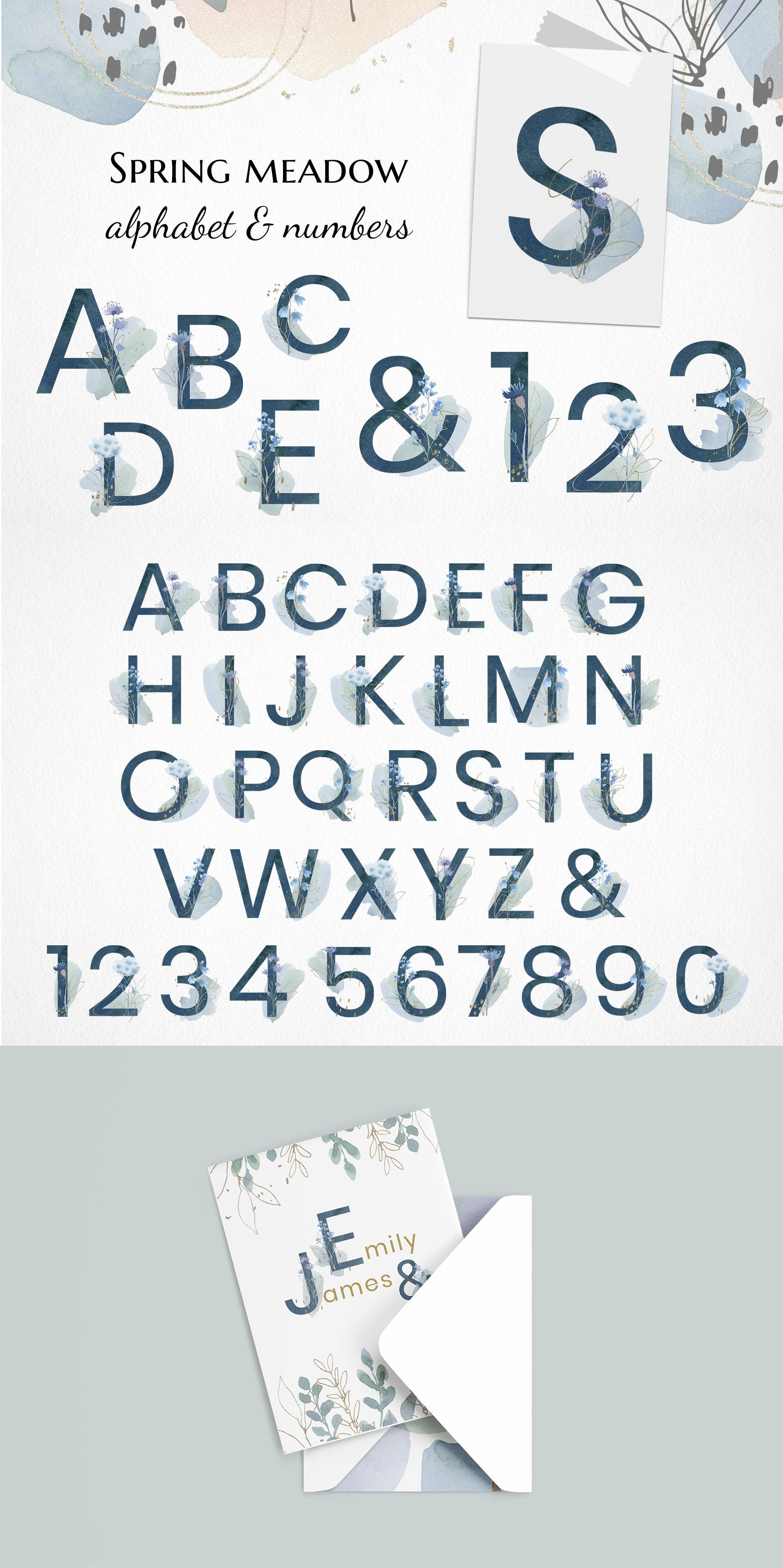 Watercolor blue gold floral abstract alphabet flower letters