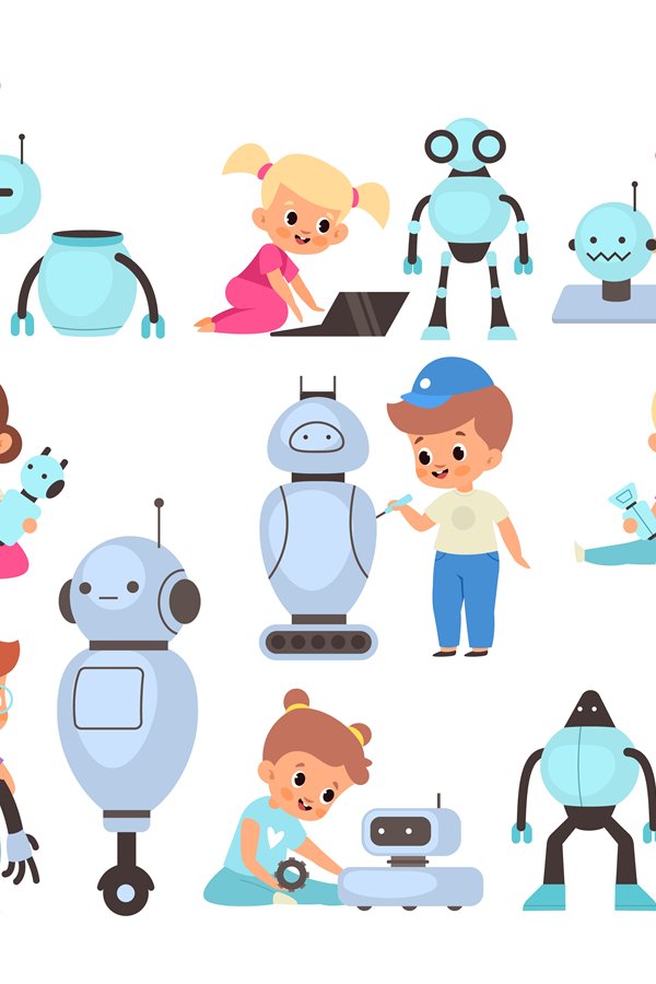 Kids with robots. Cartoon children invent mechanical toys. H