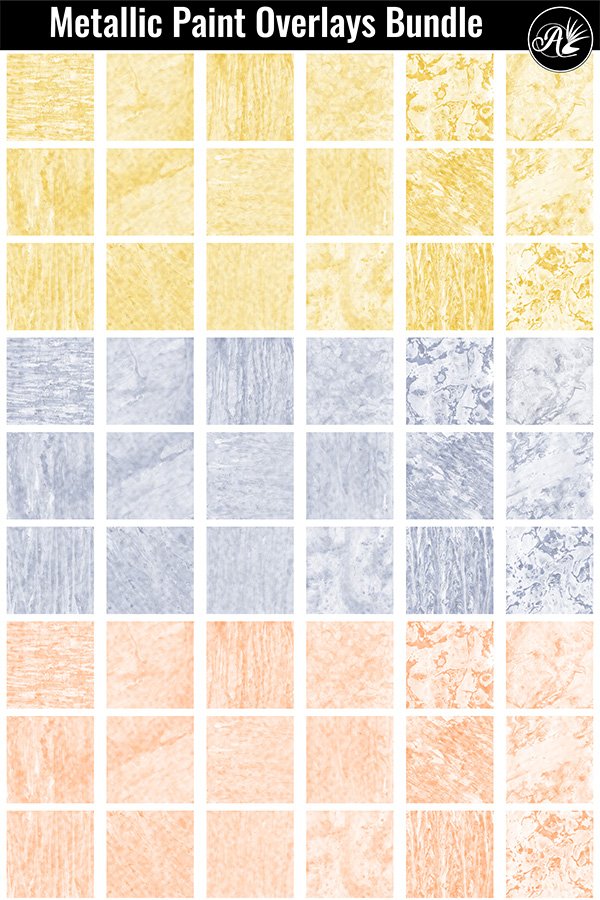 Bundle of 54 Metallic Paint Overlays, 300 dpi PNGs