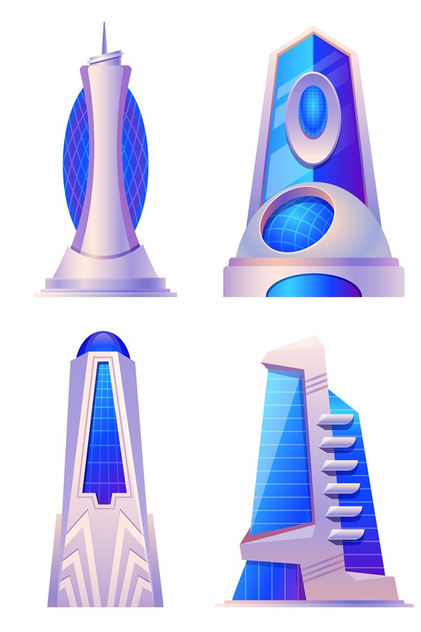 Cartoon futuristic city buildings and skyscrapers glass cons