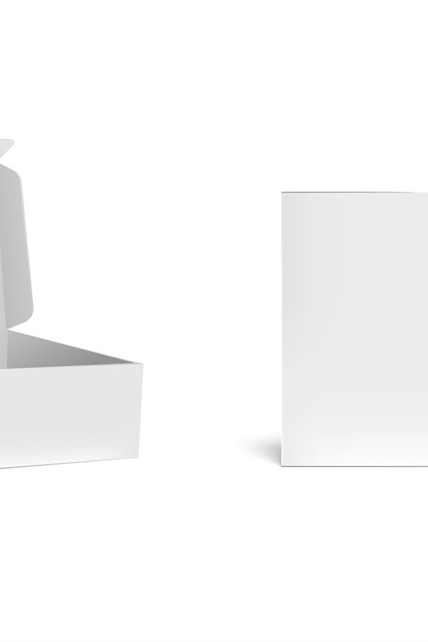 Open and closed white box mockup. Opened packaging boxes