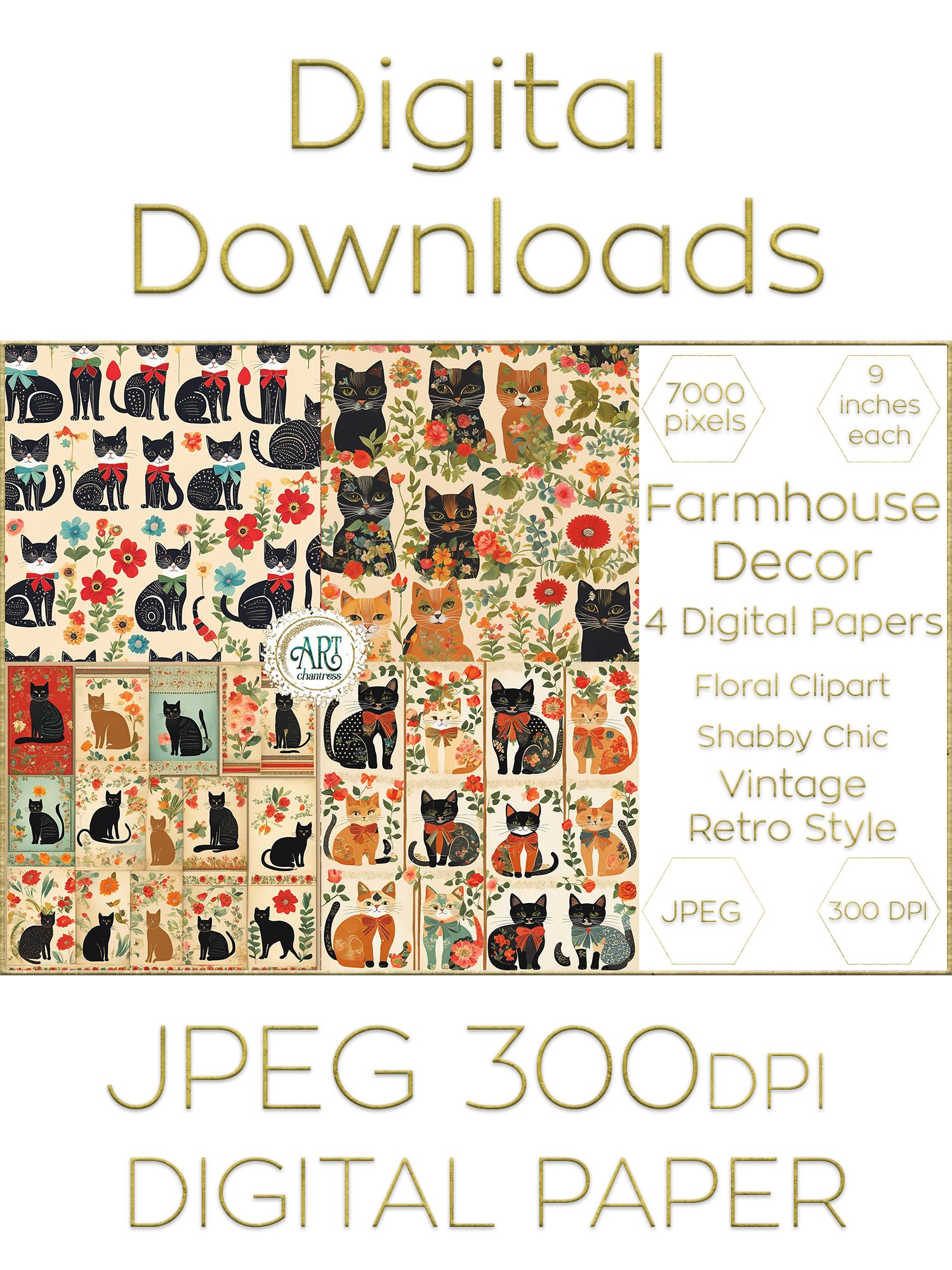 Retro Black Cat Digital Paper Decorations Digital (3502933)
