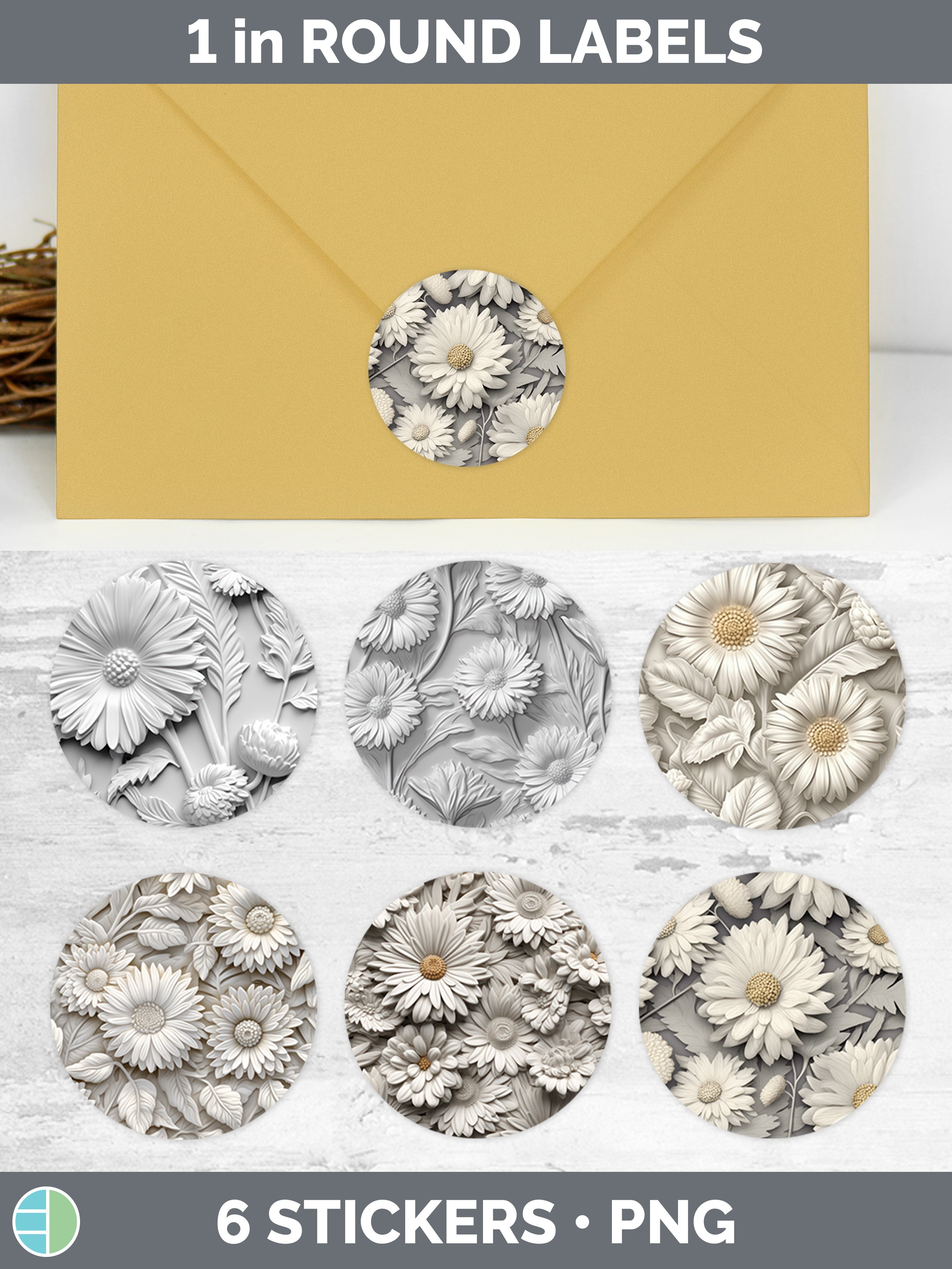 3D White Calendula Flowers Stickers | Round Labels Designs B