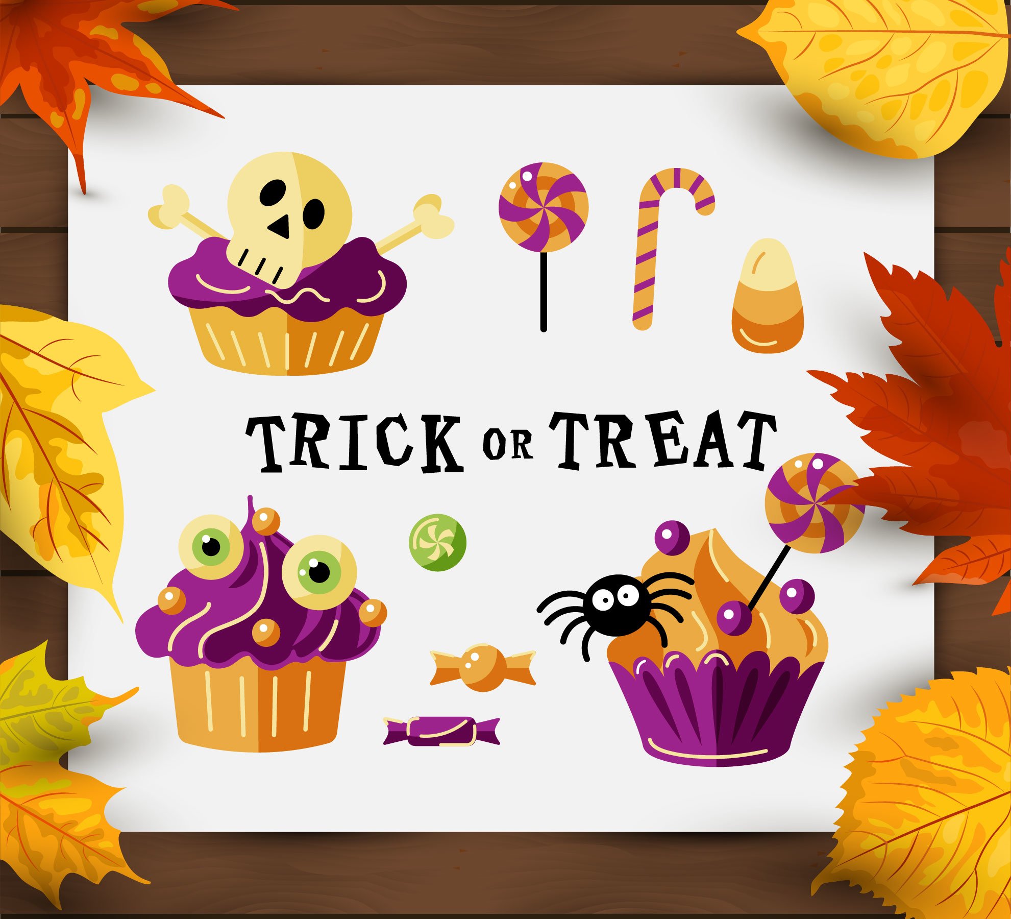 Cute Halloween cupcakes and candies clipart. Trick or Treat