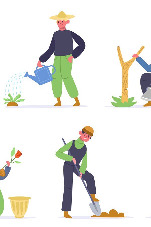 Gardening characters. Farm workers, gardeners planting, wate