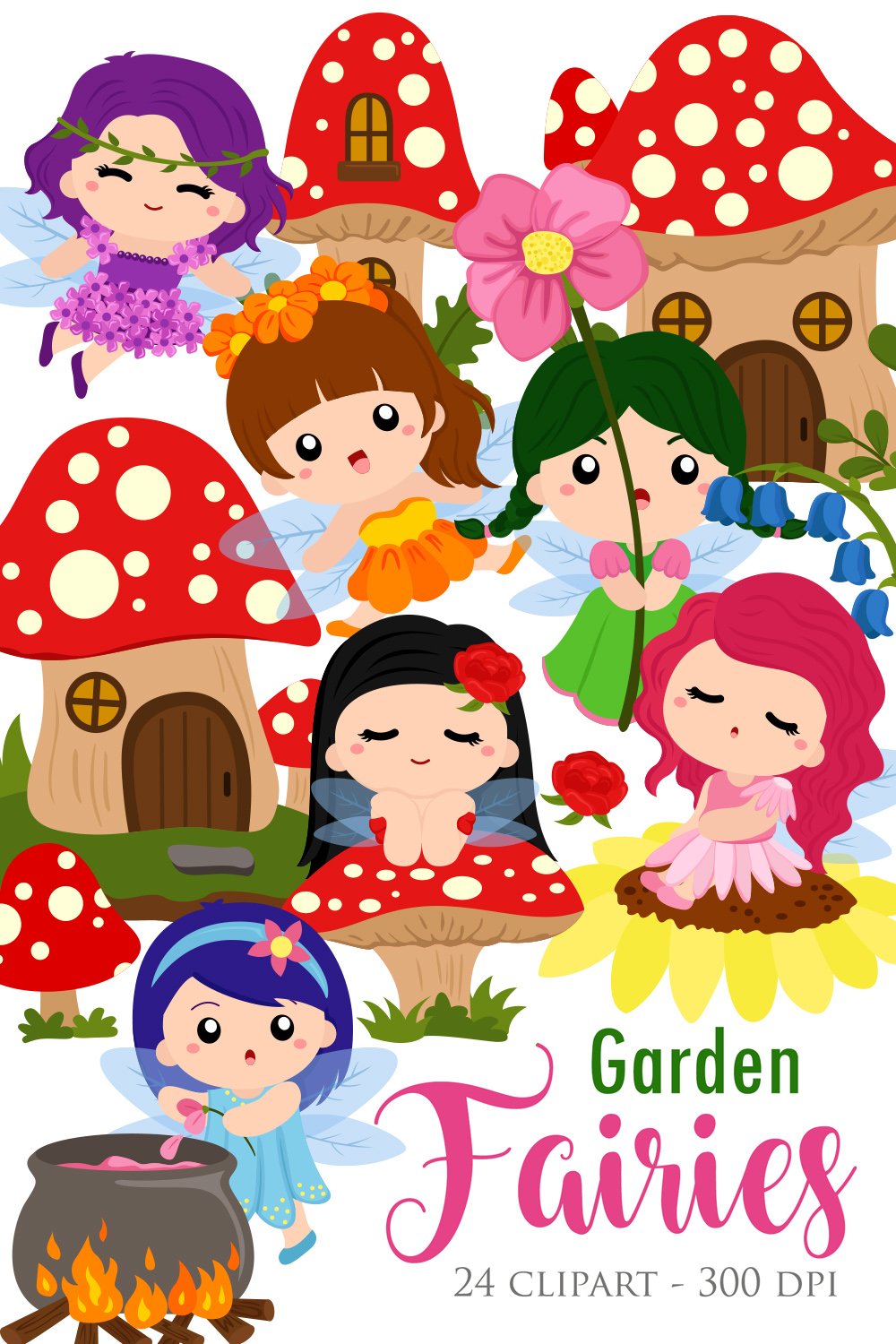 Cute Colorful Garden Fairies Fantasy Illustration Vector