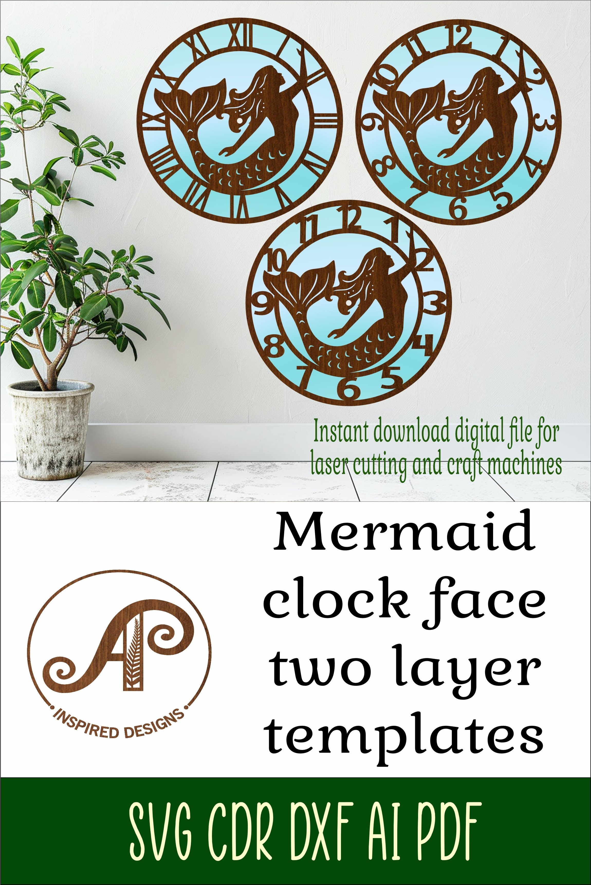 Mermaid wall clock laser cut files, SVG