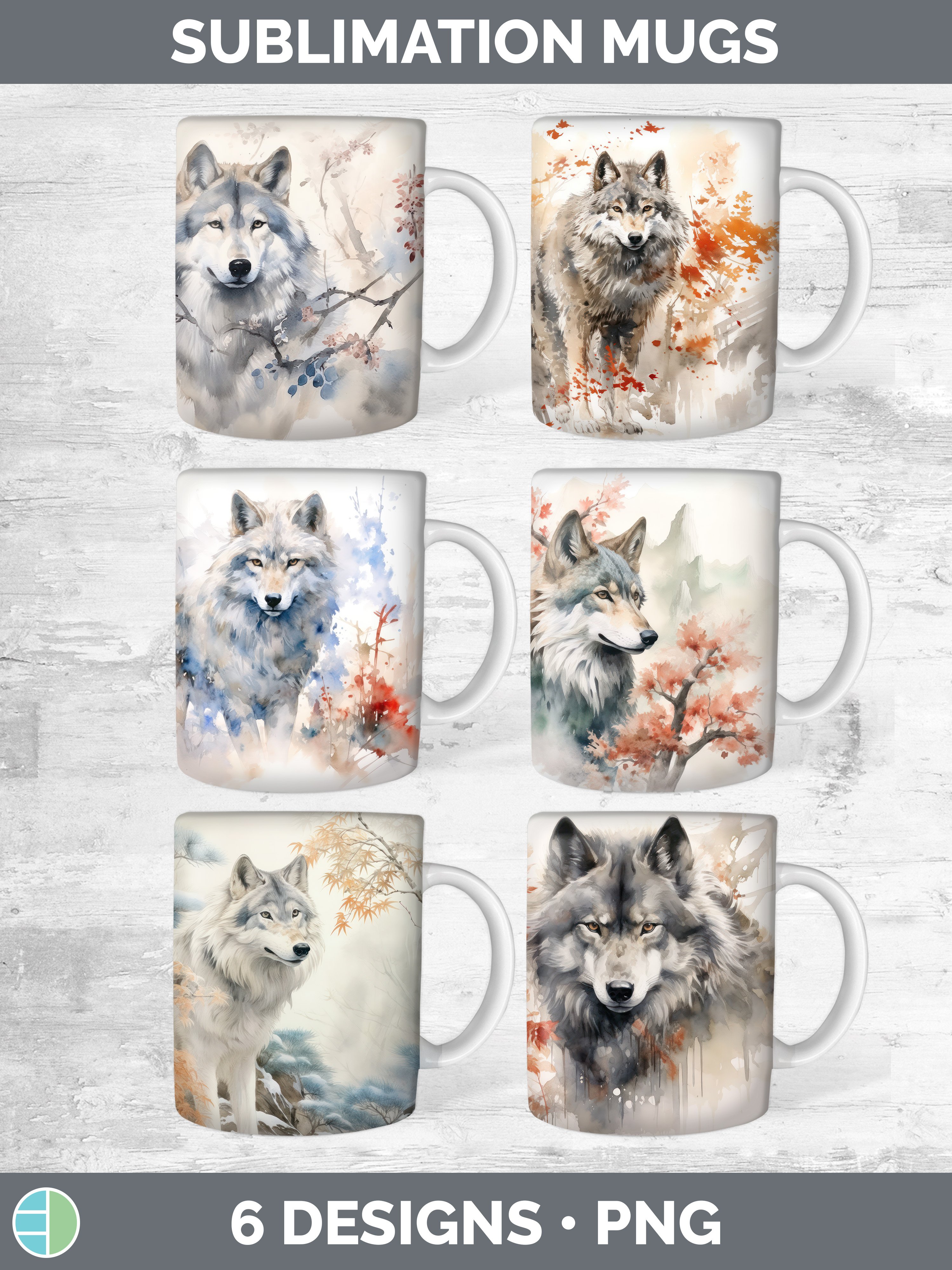 Japanese Watercolor Wolf Mug Wrap | Sublimation Coffee Cup D