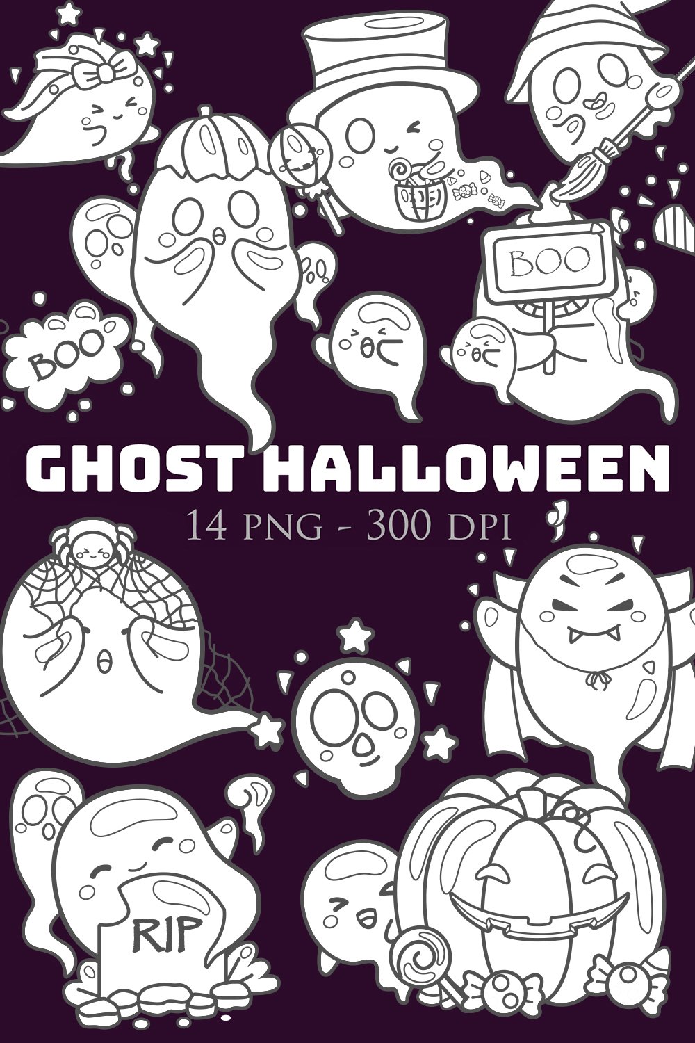 Funny Cute Ghost Halloween Cartoon Digital Stamp Outline