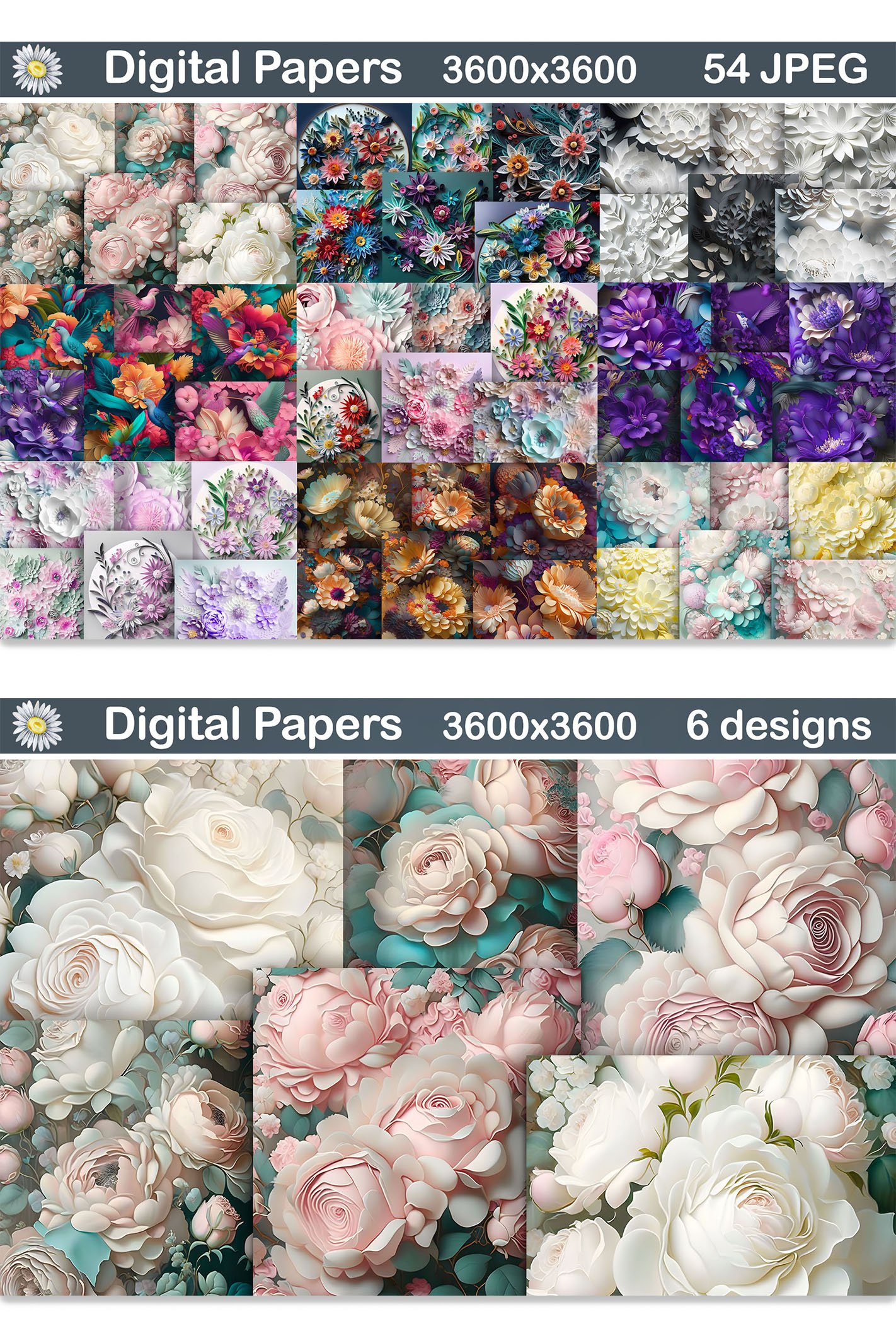 Digital Paper 3D Flowers Bundle | 3D Floral Background