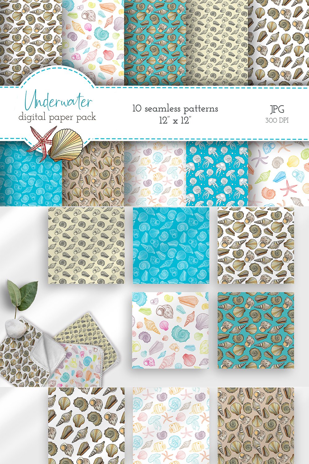 Underwater Digital Paper Pack. Nautical Seamless Patterns