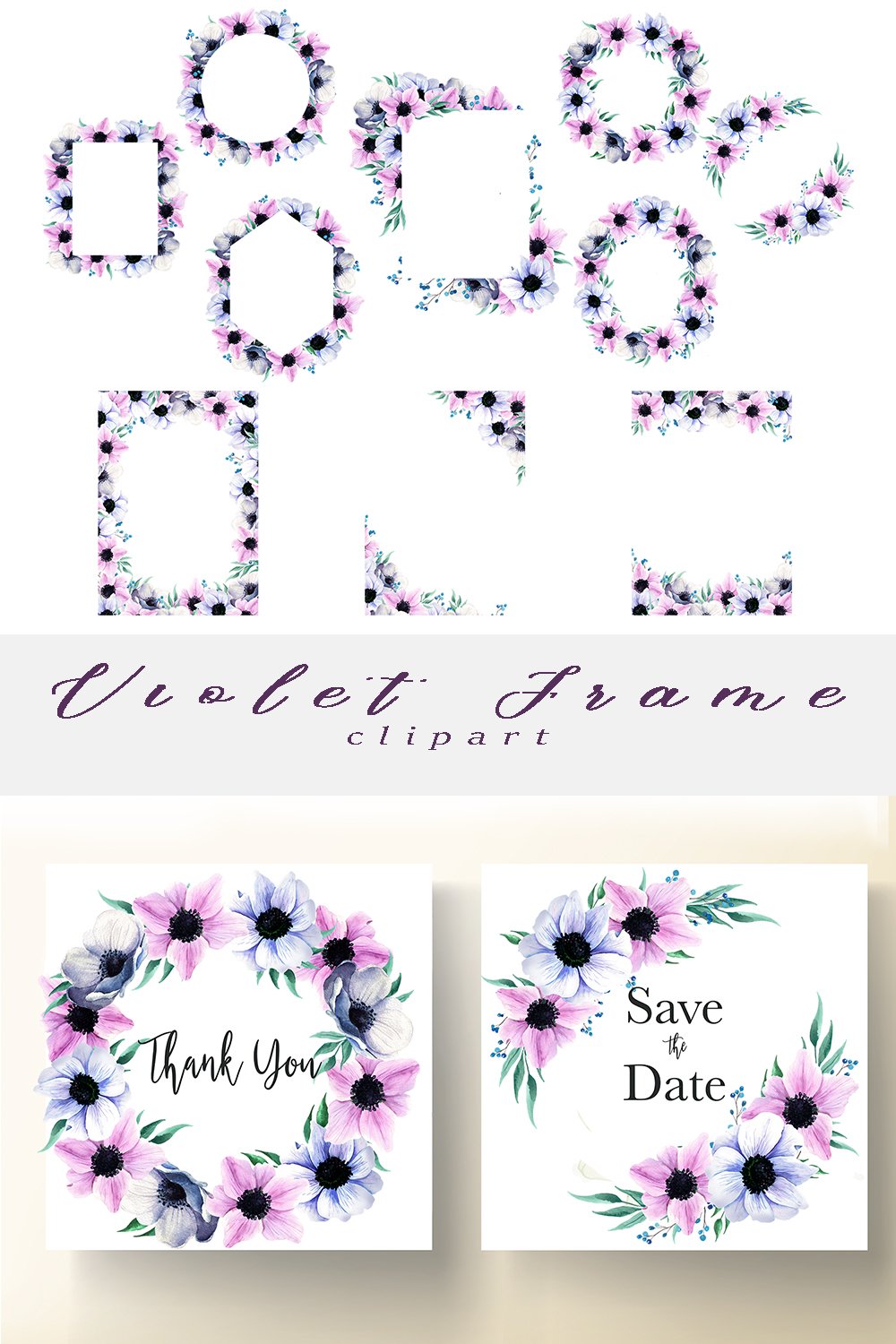 Violet Floral Border Frame Clipart| Anemone Flowers Wreath