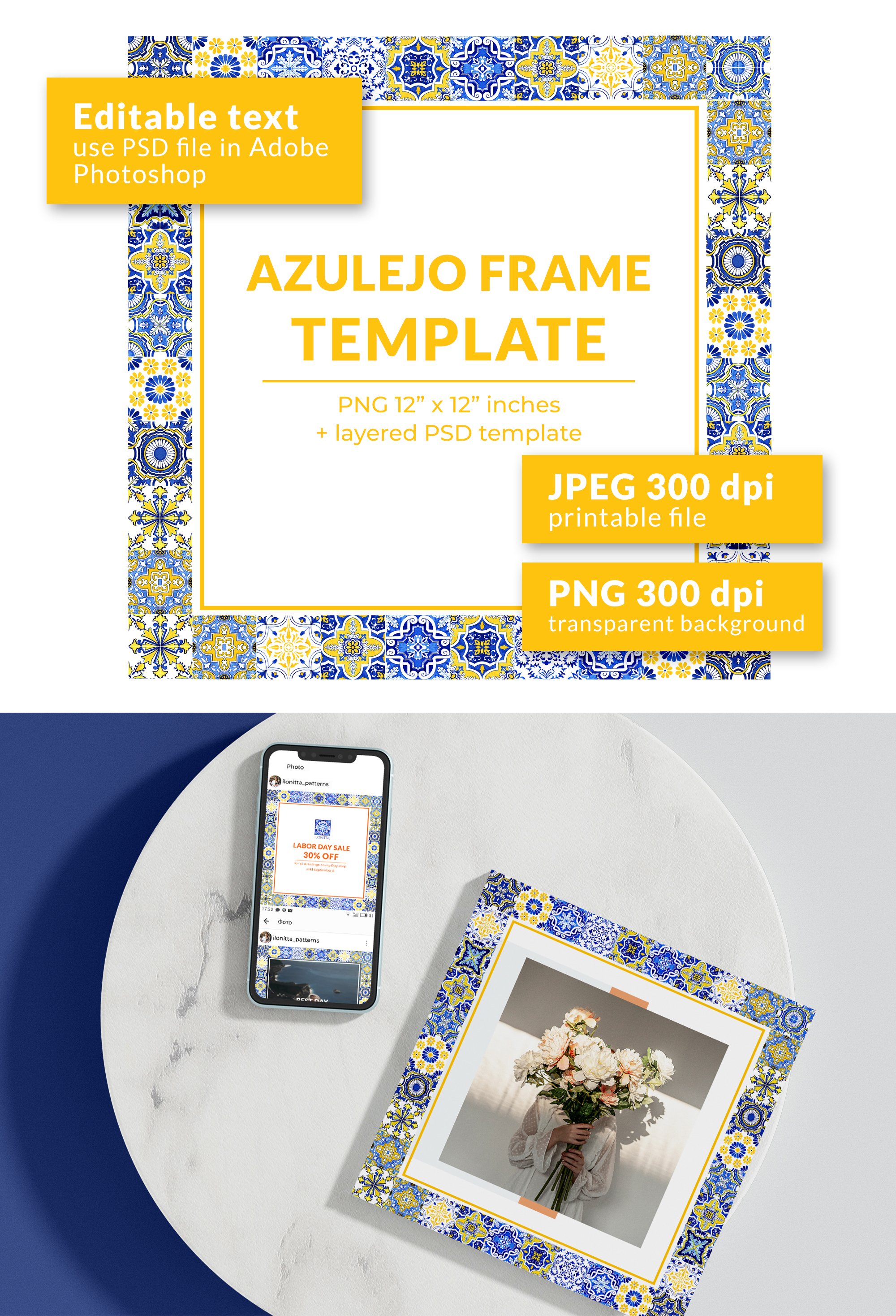 Square Azulejo Postcard Template PSD Printable, PNG, JPEG