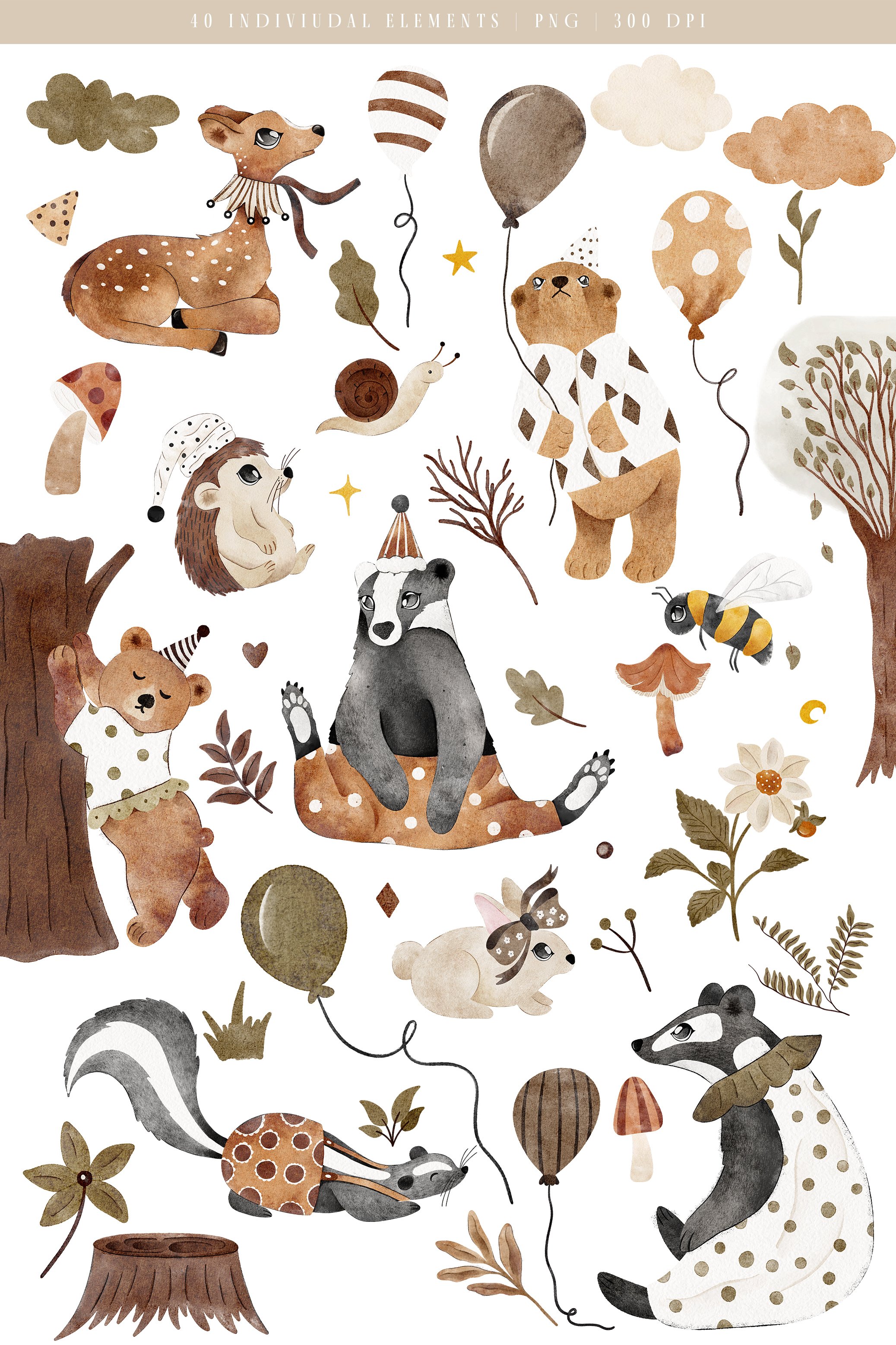 Magic Woodland Friends - Watercolor Nursery Decor Clipart