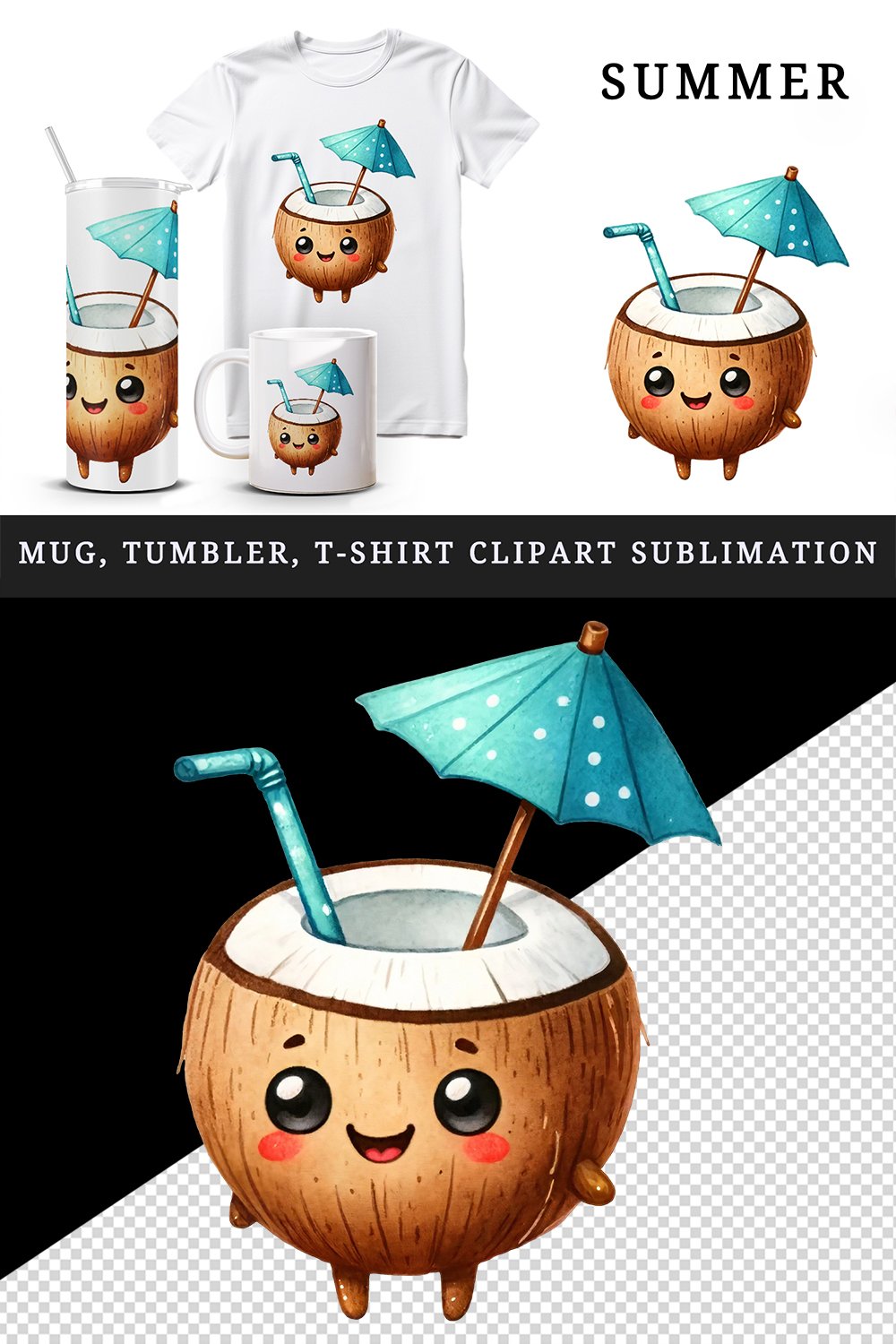 Summer coconut tumbler mug wrap clipart sublimation design