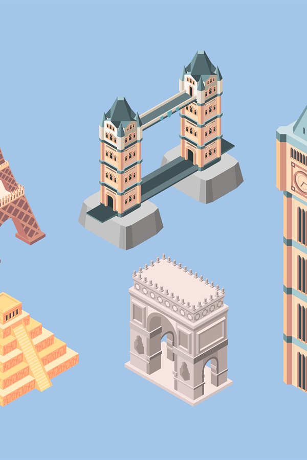 Landmarks isometric. World famous buildings travelling symbo