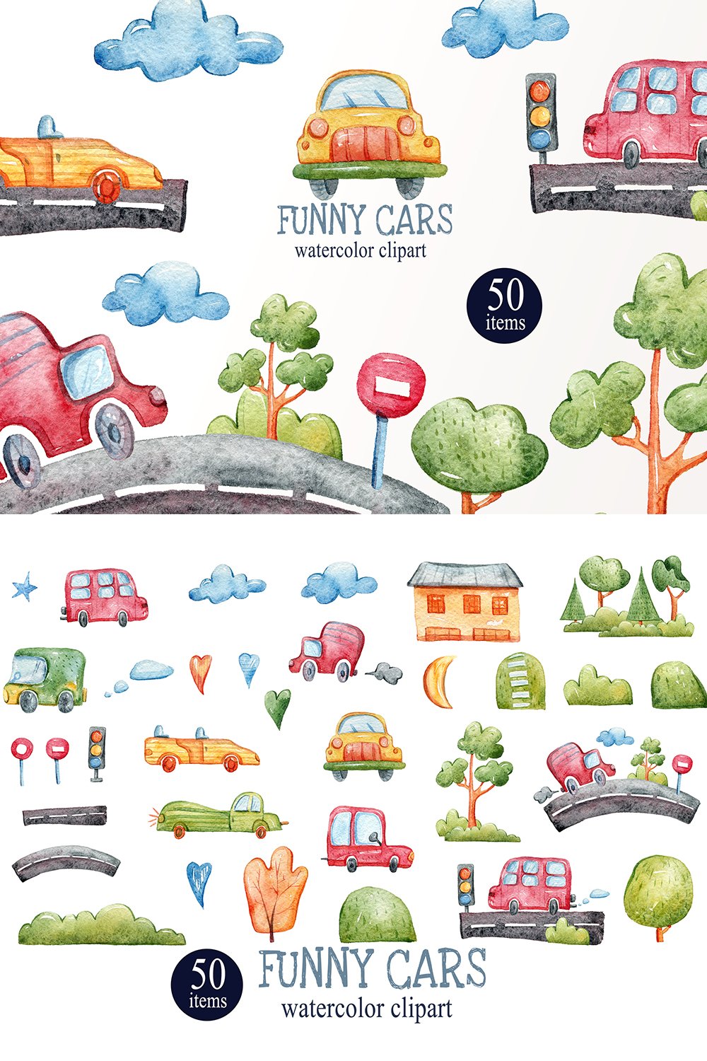 Watercolor nursery boys old cars clipart