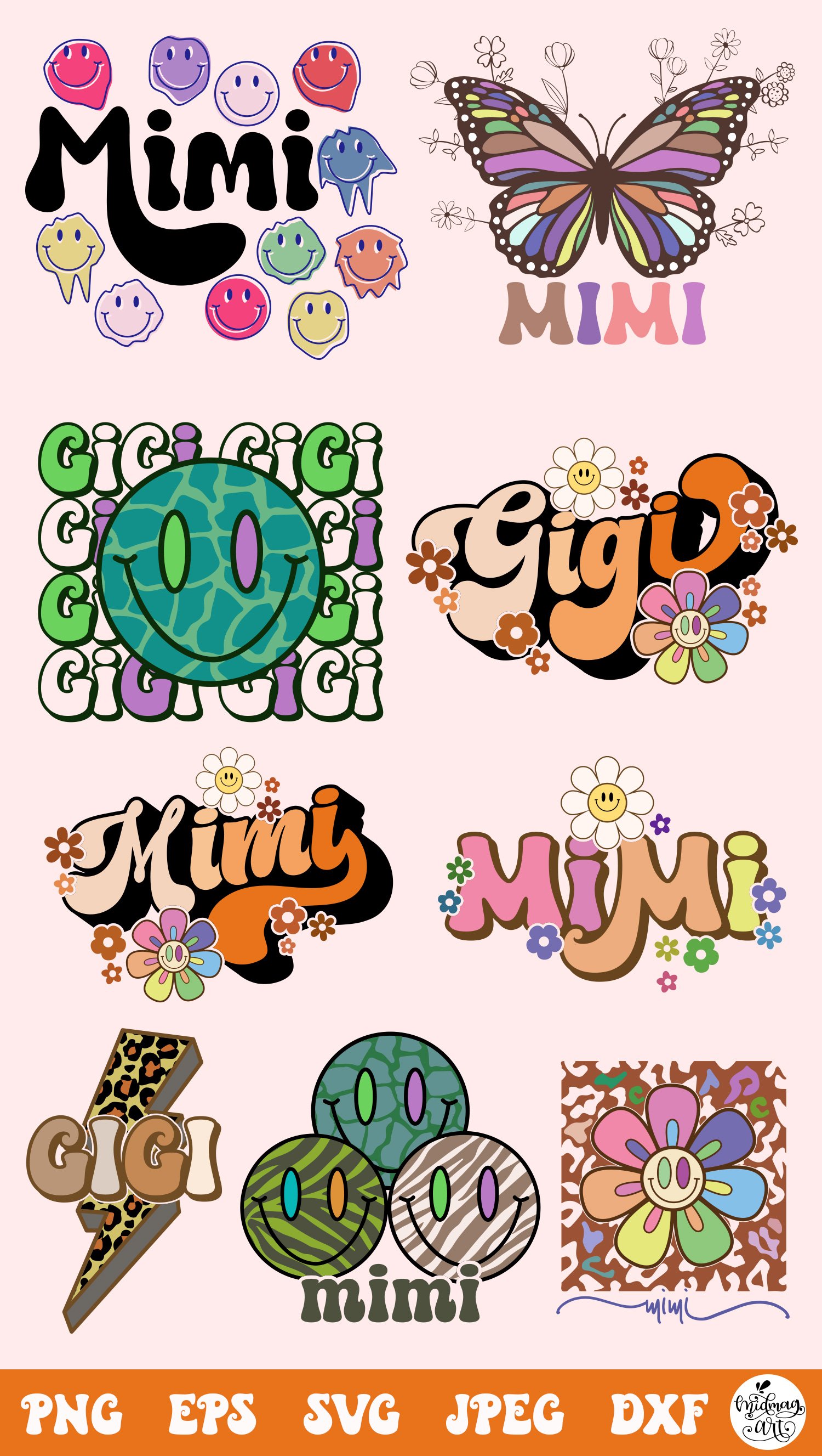 Retro Mimi Gigi SVG PNG Bundle mimi butterfly Gigi lightning