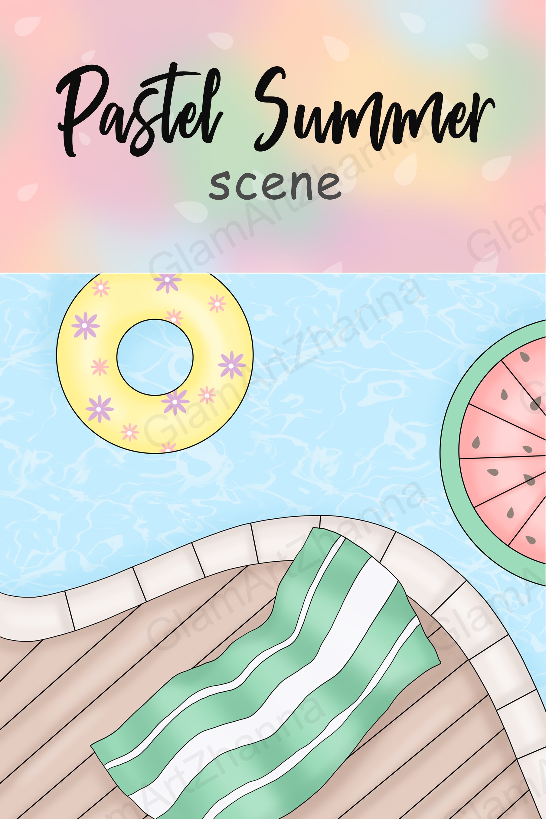 Pastel Summer SCENE Beach Tropical Travel Girl - PNG files