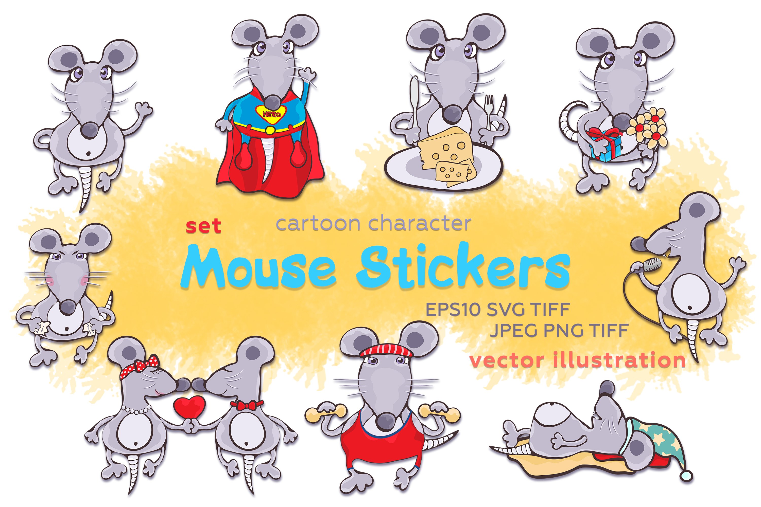 Mouse cartoon sticker set, vector clipart