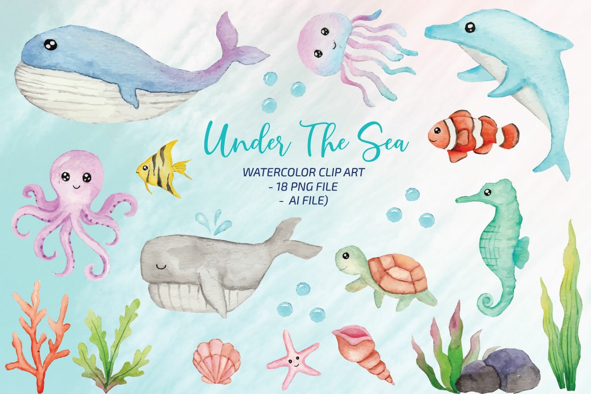 Under the Sea Watercolor ClipArt Set PNG