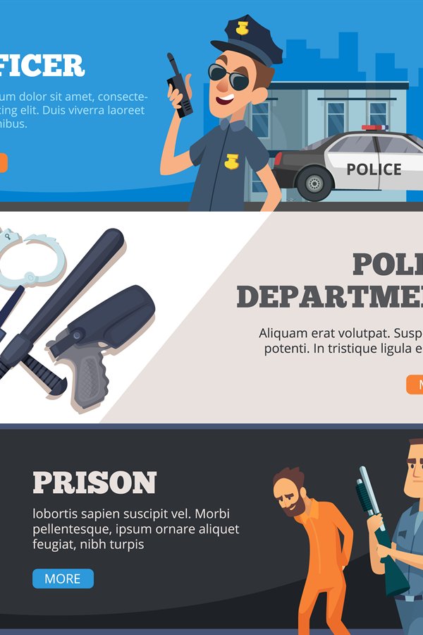 Police banners. Urban security police officer standing in un