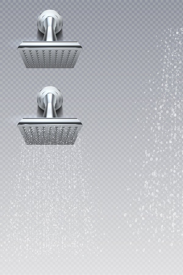 Realistic shower heads. Bathroom rain metal shower. Vector i