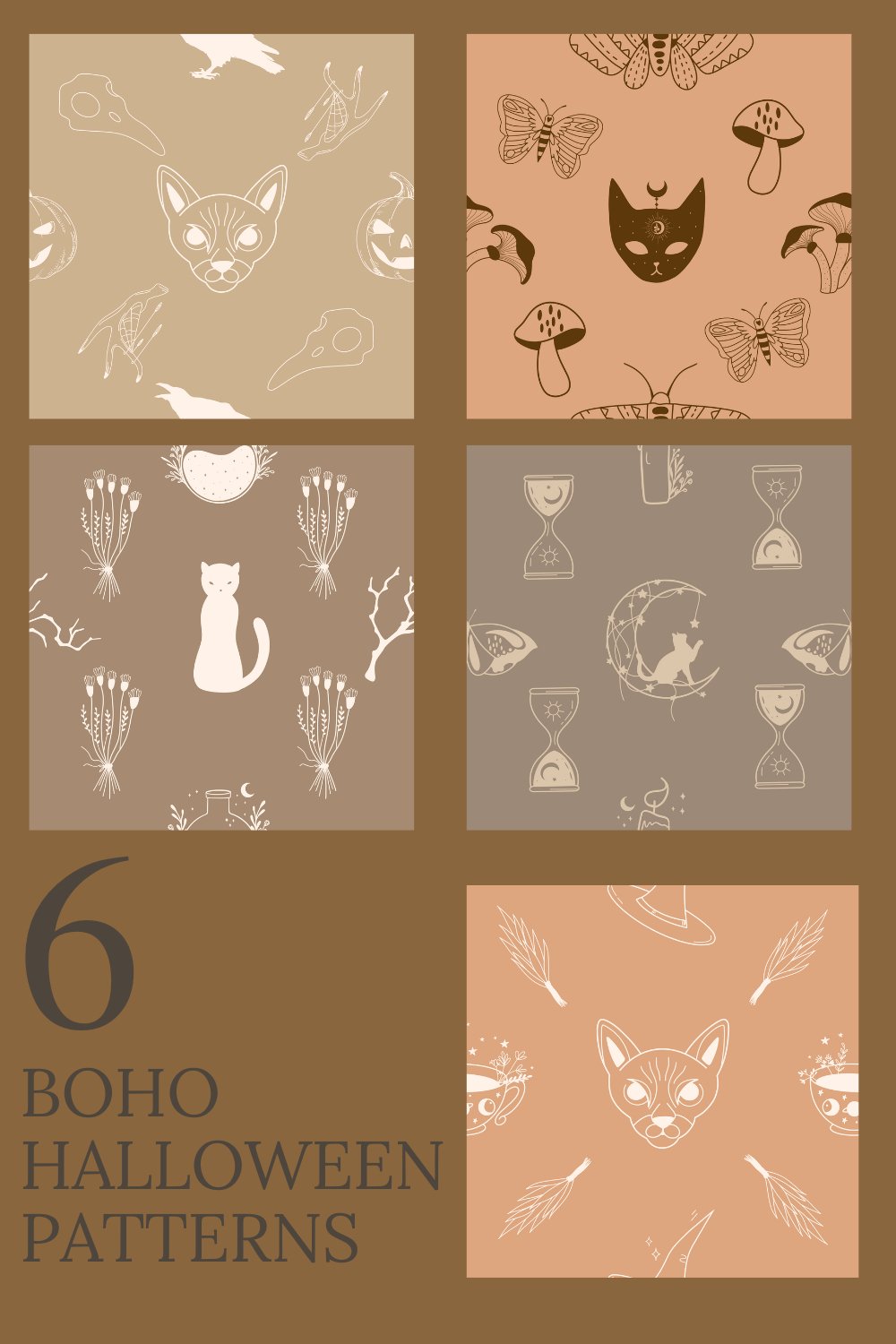 6 Cute Cat Boho Halloween Seamless Digital Patterns Papers