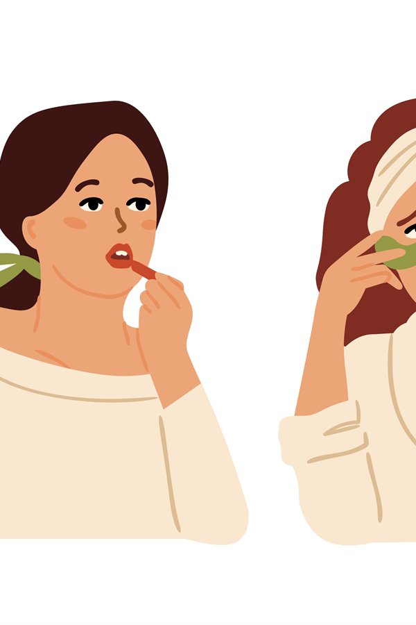 Beauty care routine. Cartoon face clean, girl use korean cos