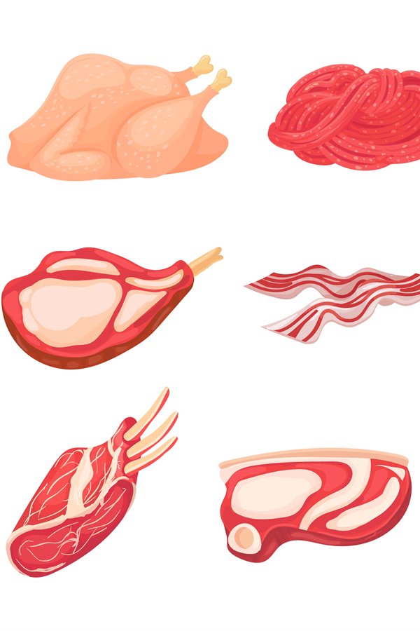 Cartoon raw meat. Bacon, steak and beef minced meat. Rack of