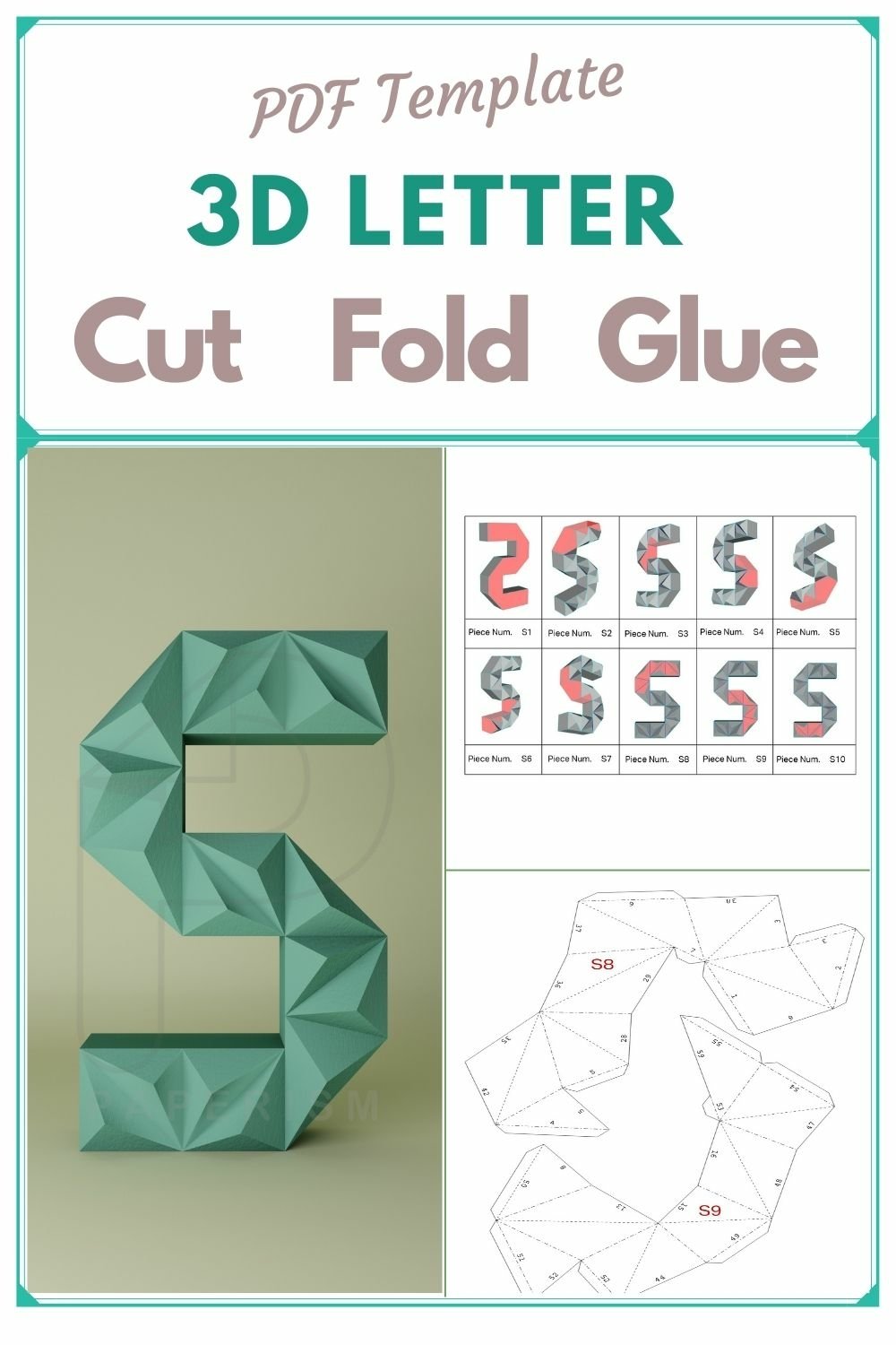 S Letter Papercraft, 3d Alphabet, DIY pdf template, low poly