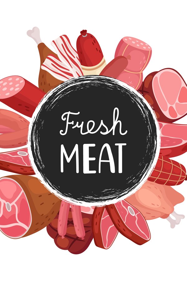 Fresh meat banner. Vector cartoon sausages, meat, chicken. F