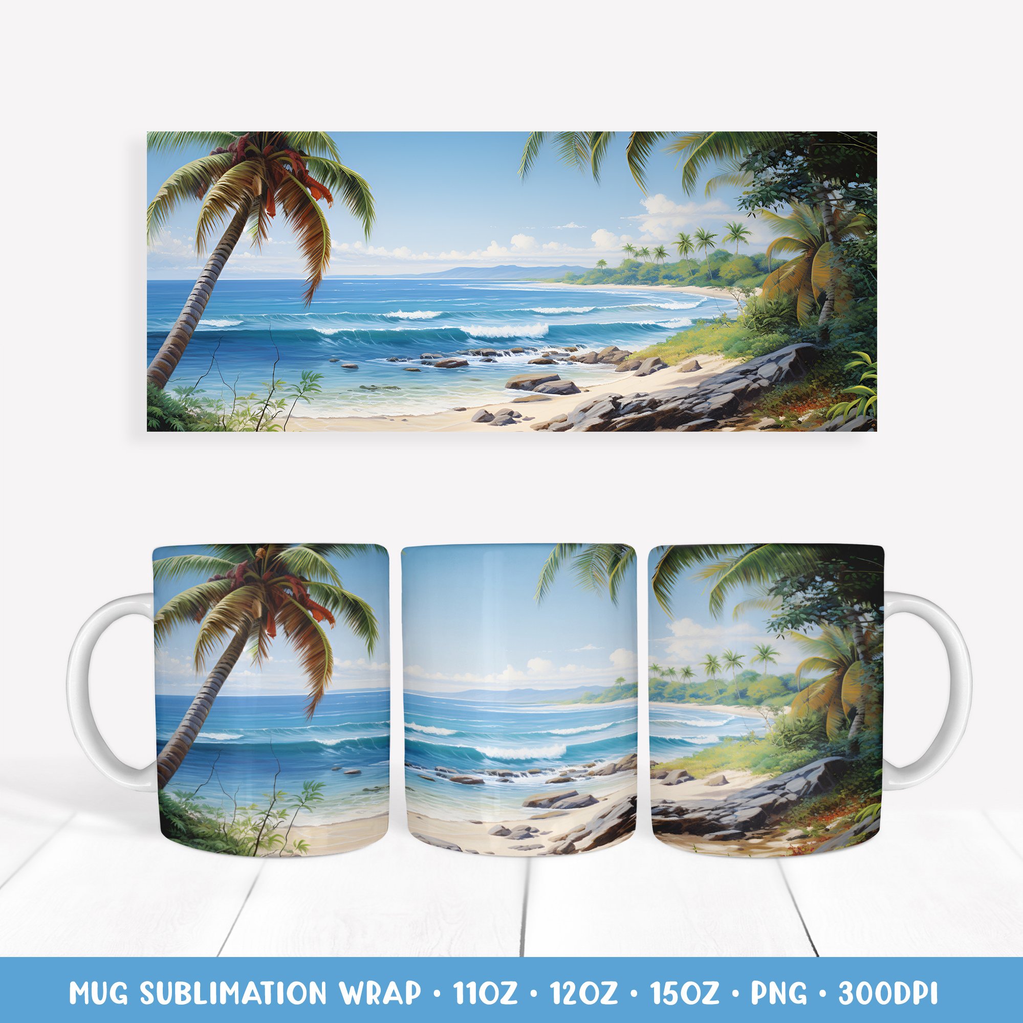 Tropical Beach Mug Wrap. Summer Mug Sublimation Design