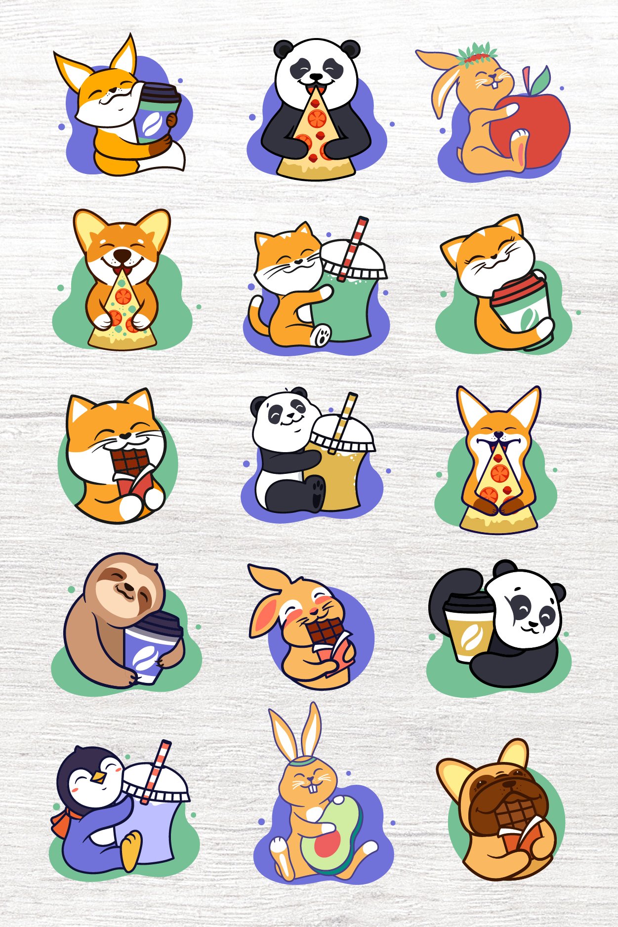 Food stickers with cartoon animals. Funny set in png, svg