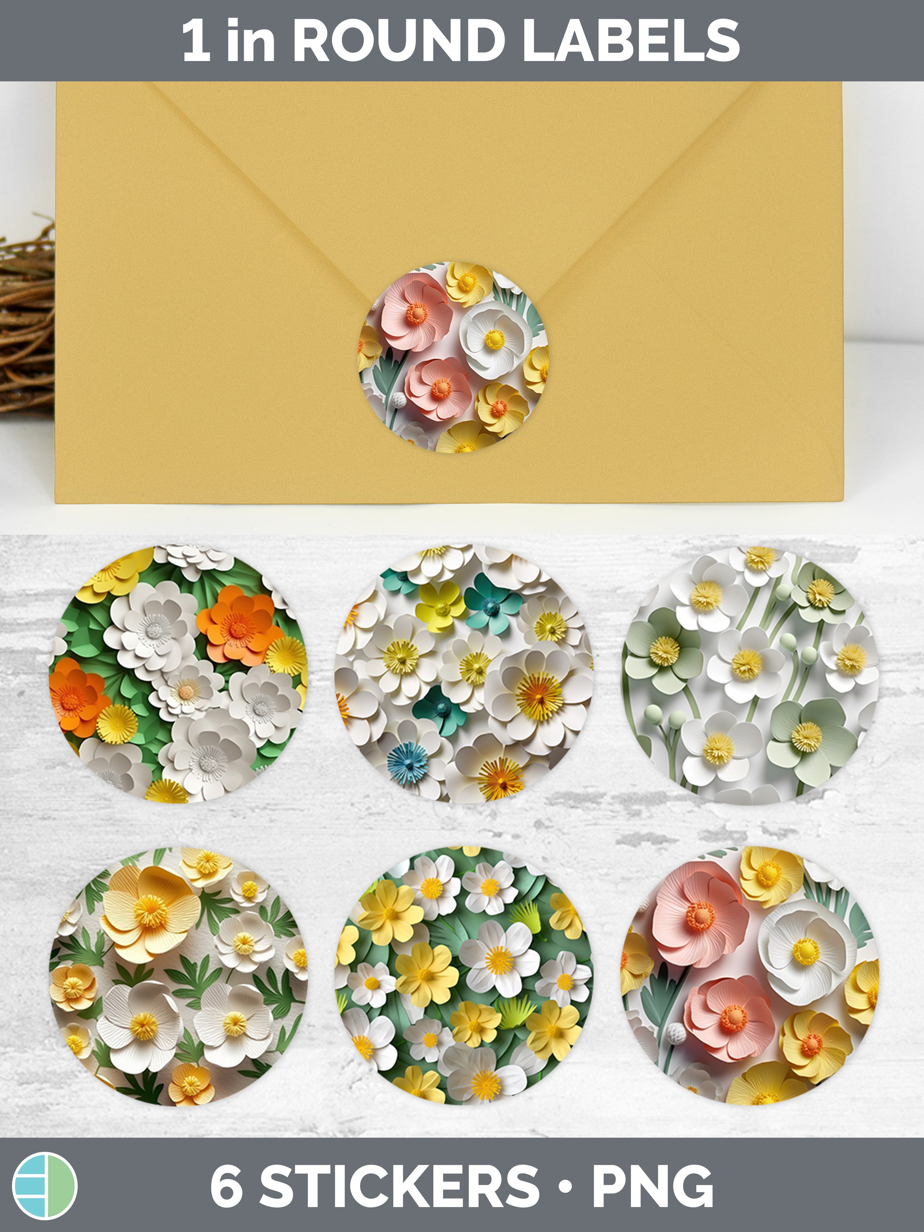 3D Paper Buttercup Flowers Stickers | Round Labels Designs B