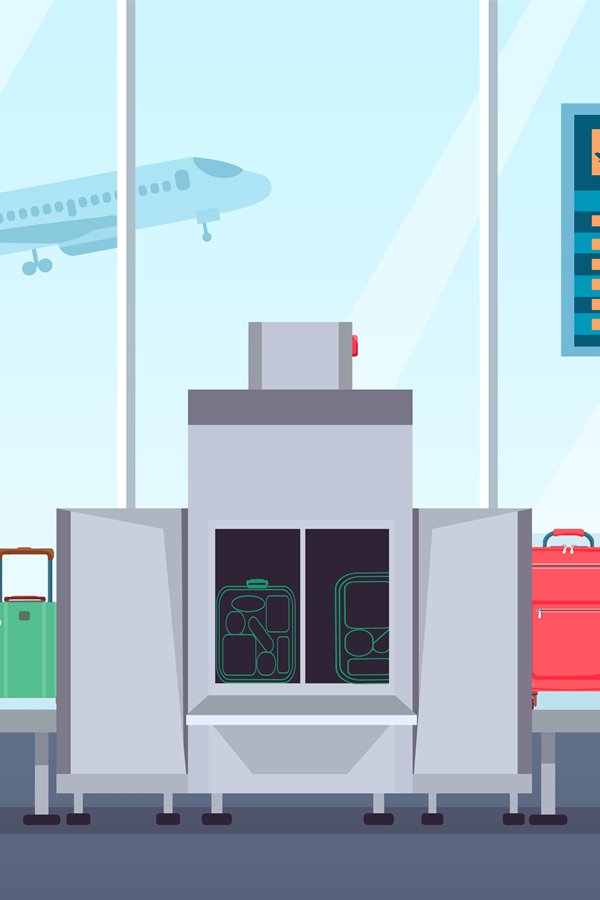 Airport baggage scanner. Conveyor belt with luggage and insp