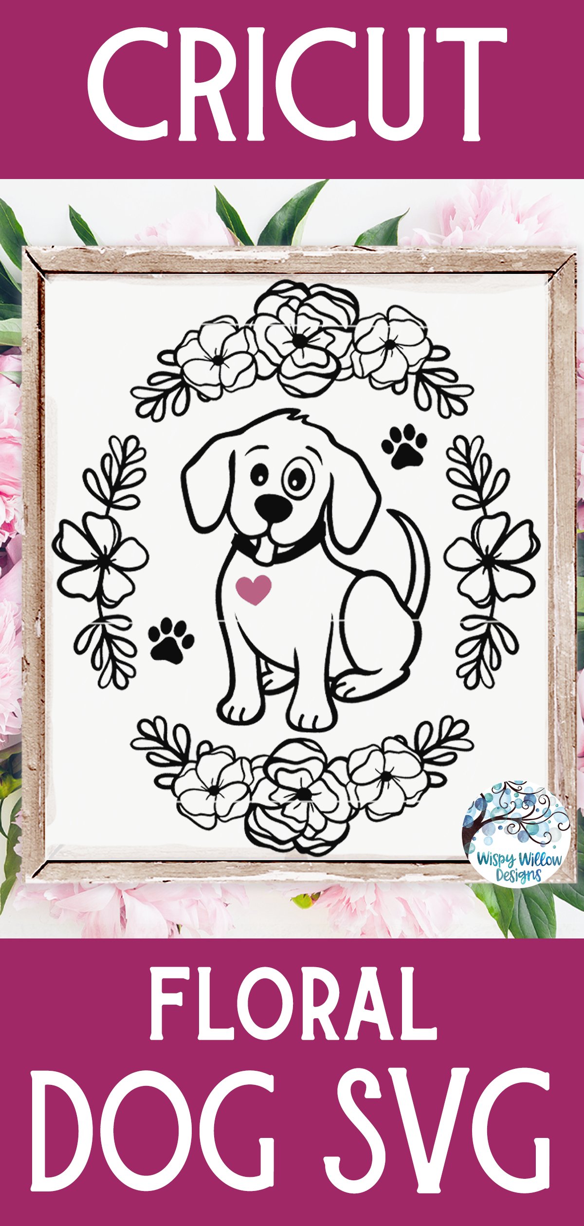 Cute Dog with Oval Flower Frame SVG
