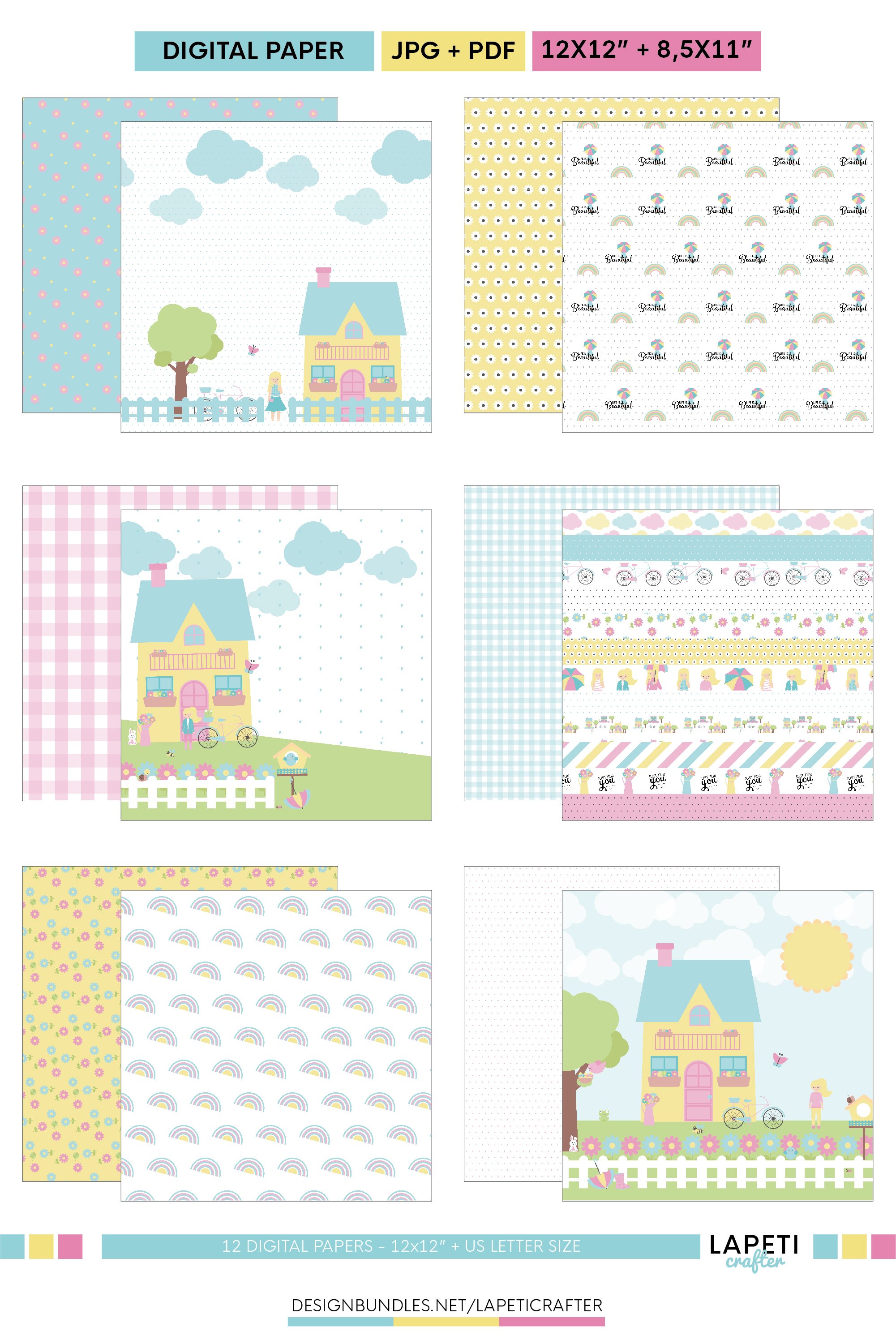 Spring scrapbook paper packs | 12 papers in 12x12 & Letter